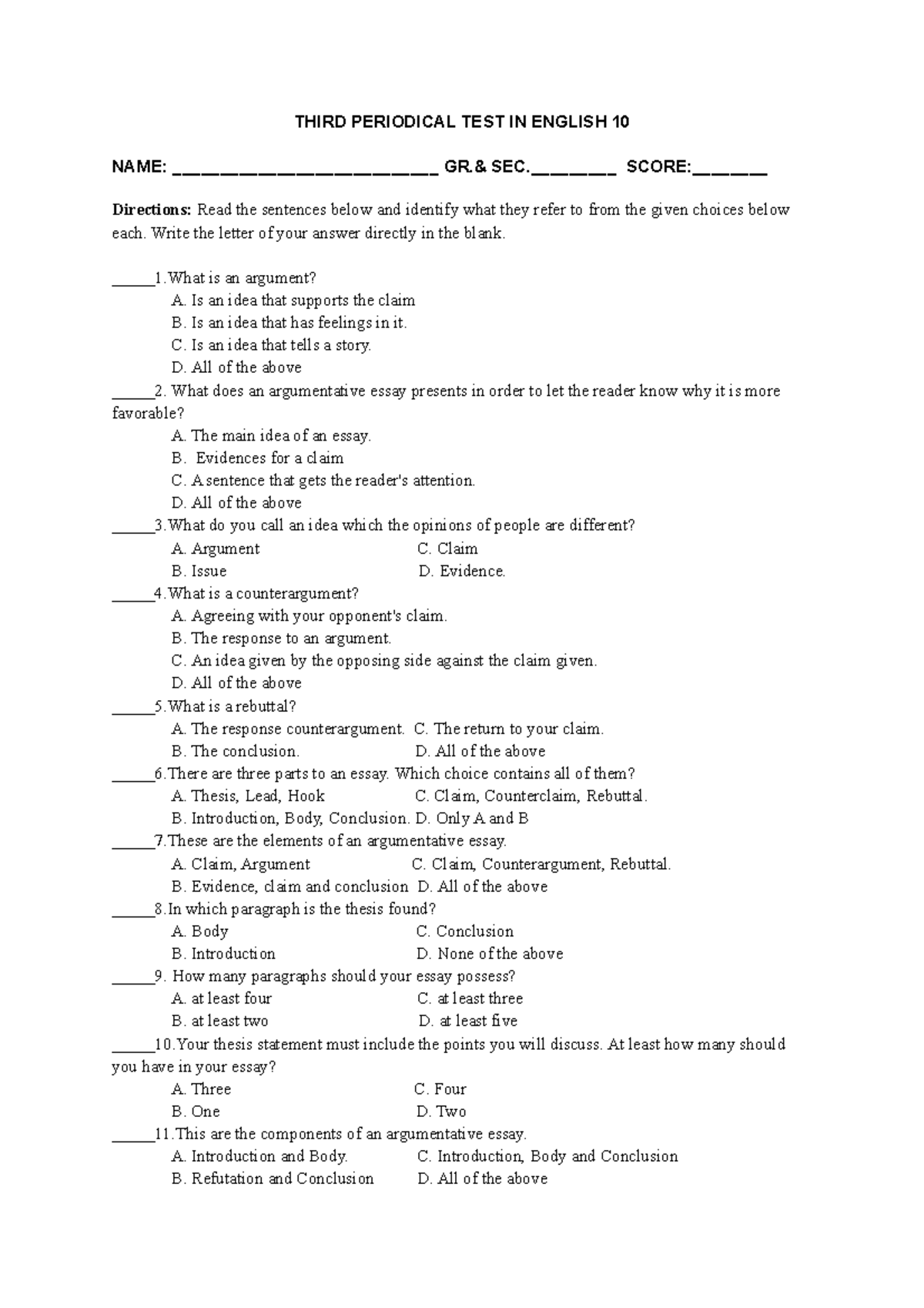 3RD PT G10 ENG - EXAM - THIRD PERIODICAL TEST IN ENGLISH 10 NAME