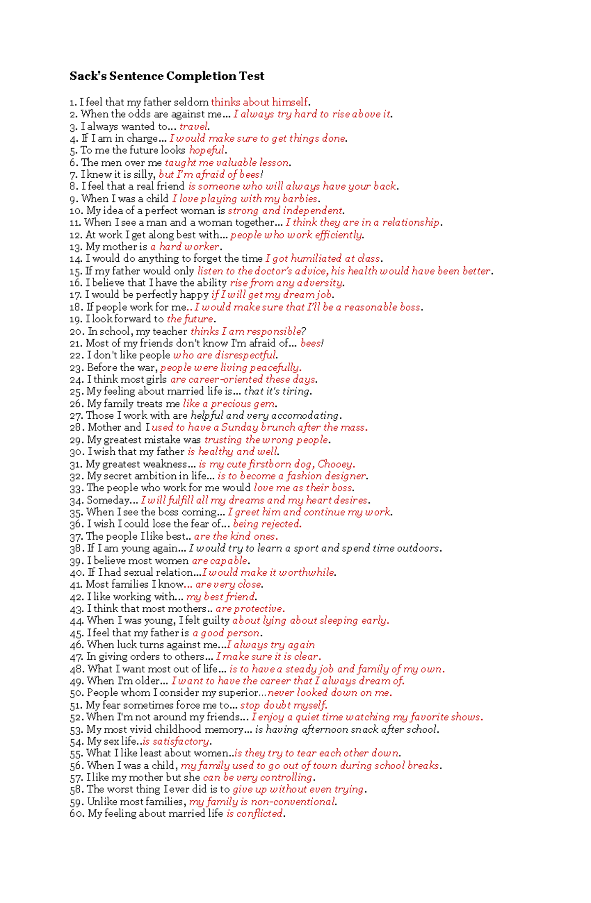 62019 5283 Neuro sample Q A - Sack's Sentence Completion Test I feel ...