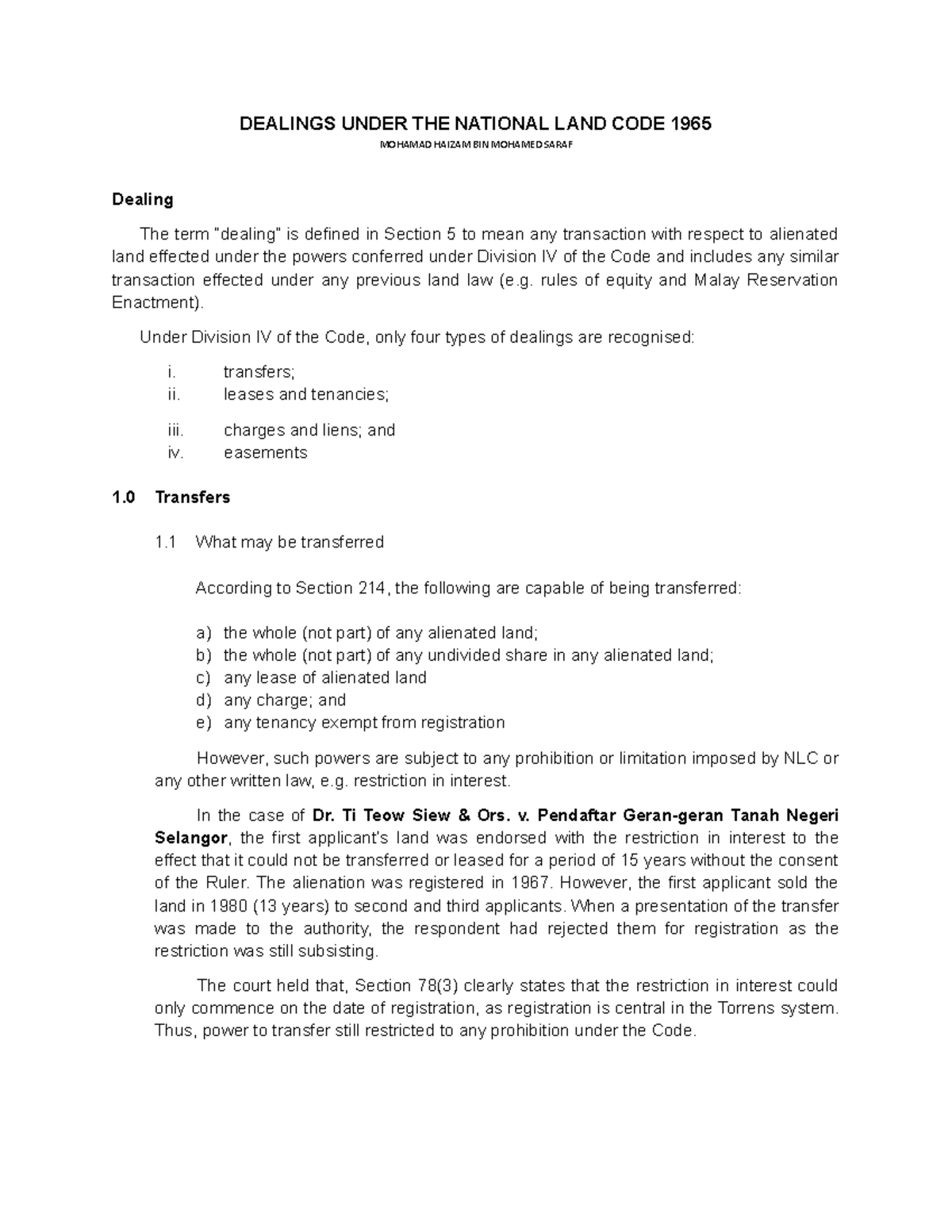 Dealings Under the National Land Code 1965 - DEALINGS UNDER THE ...