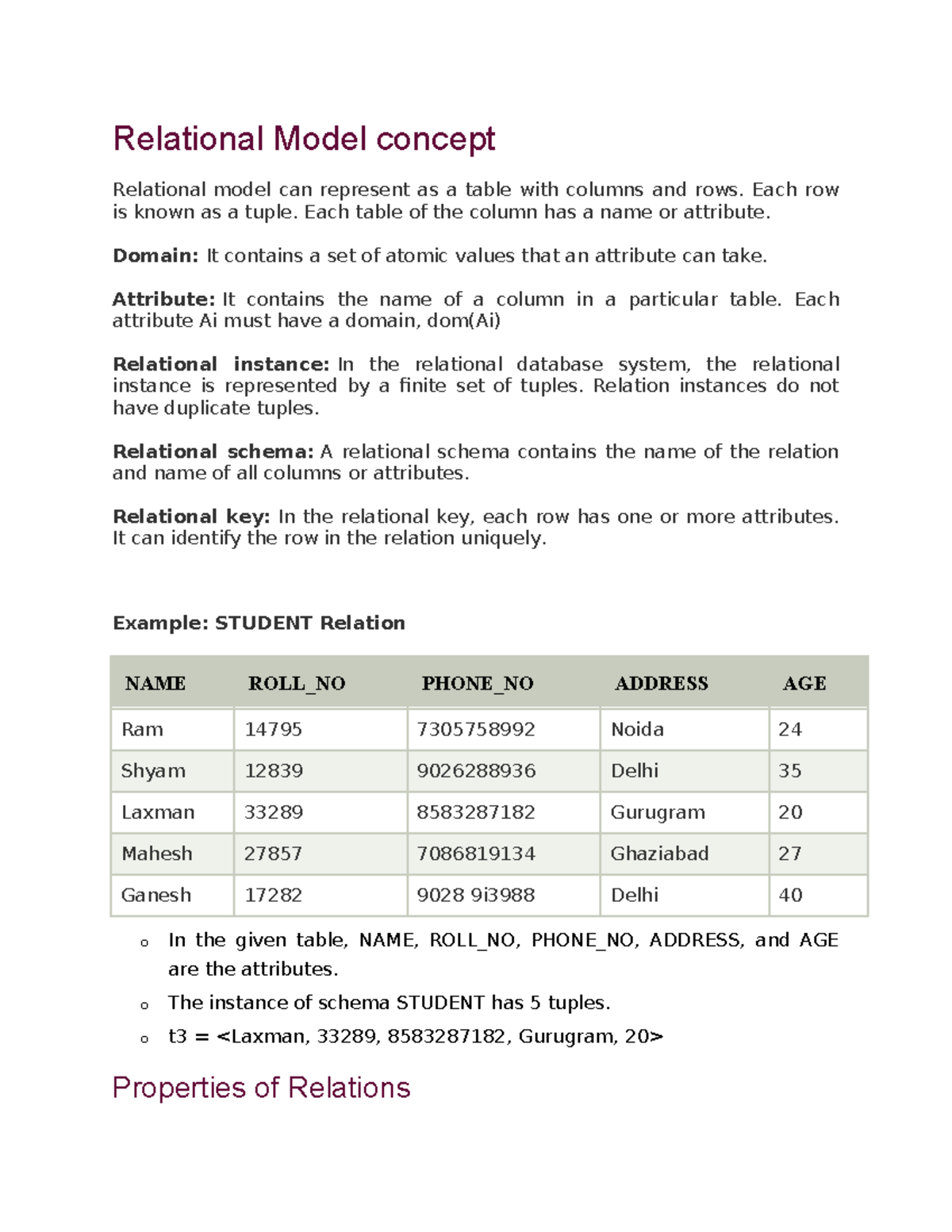 Relational Model concept - Relational Model concept Relational model can represent as a table ...