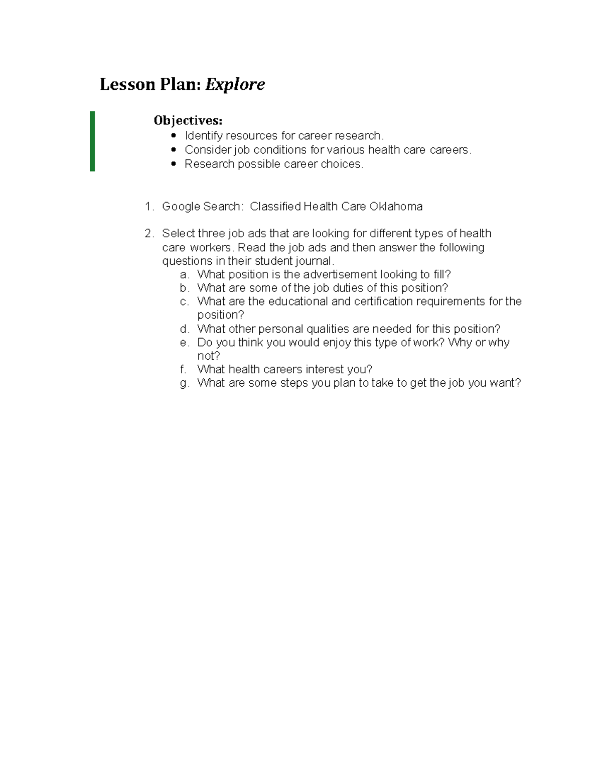 Classifieds Activity - Lesson Plan: Explore Objectives: Identify ...