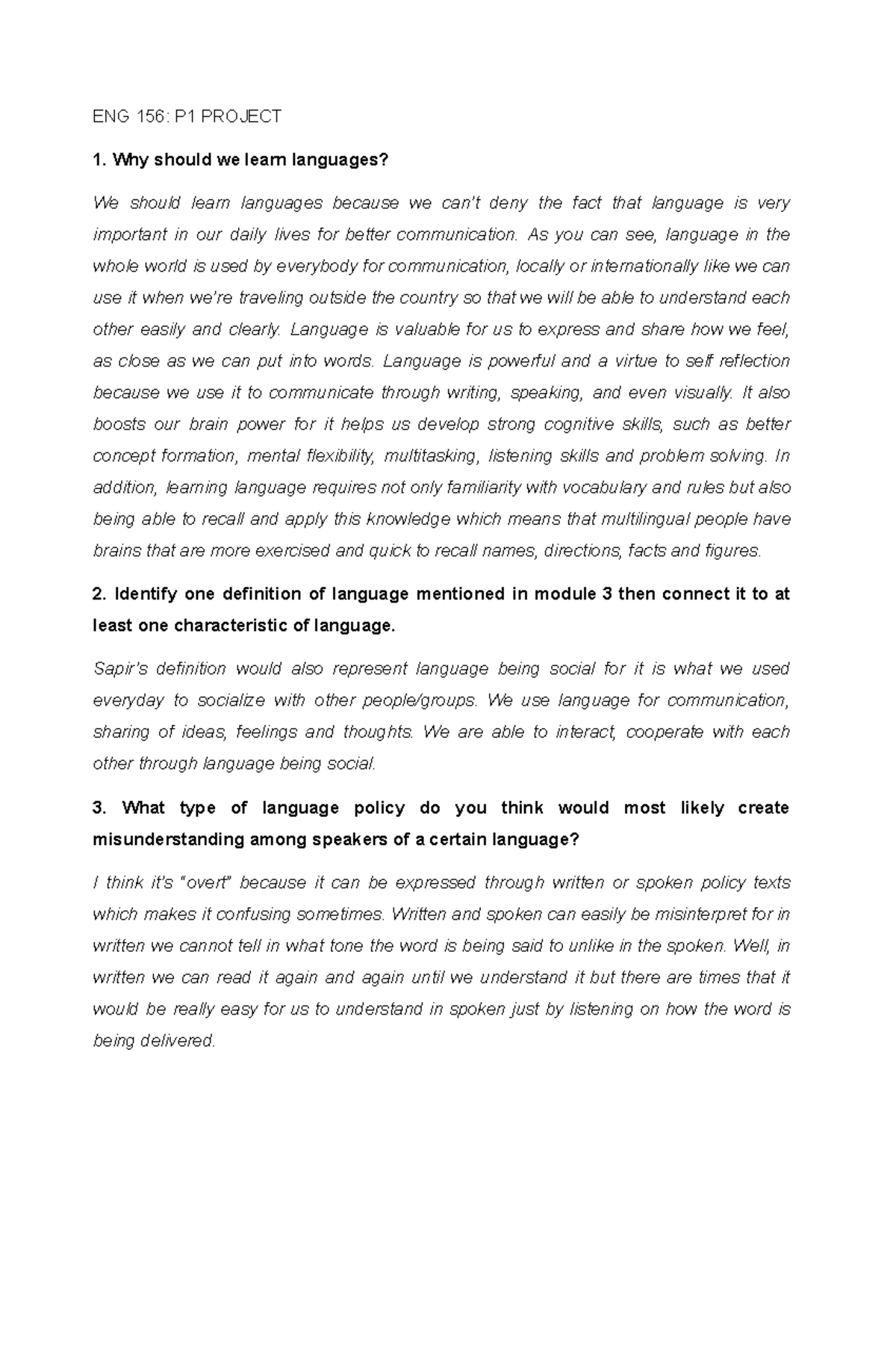 P1 proj 156 - ENG 156: P1 project: answer key - ENG 156: P1 PROJECT Why ...