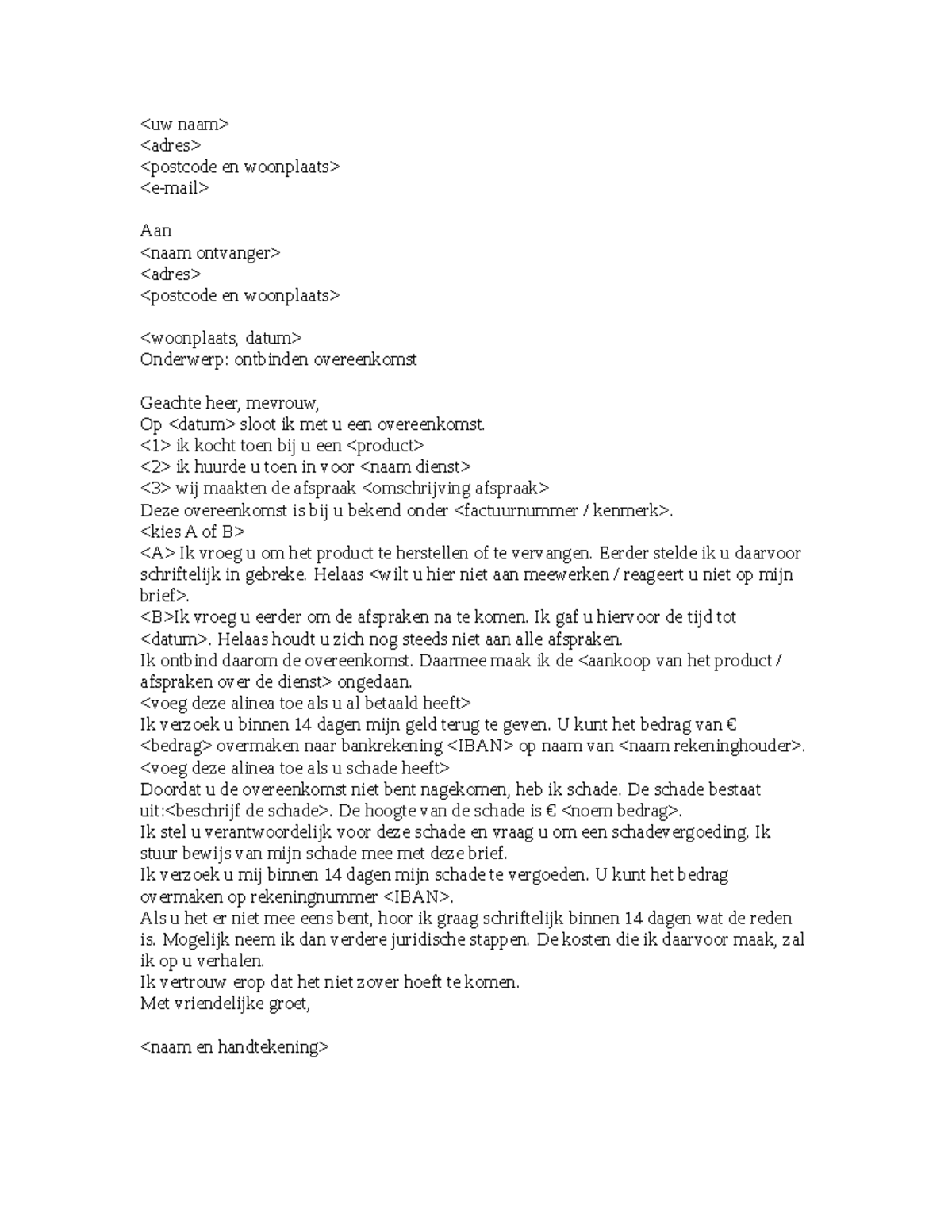 Voorbeeldbrief ontbinden overeenkomst - Aan Onderwerp: ontbinden ...