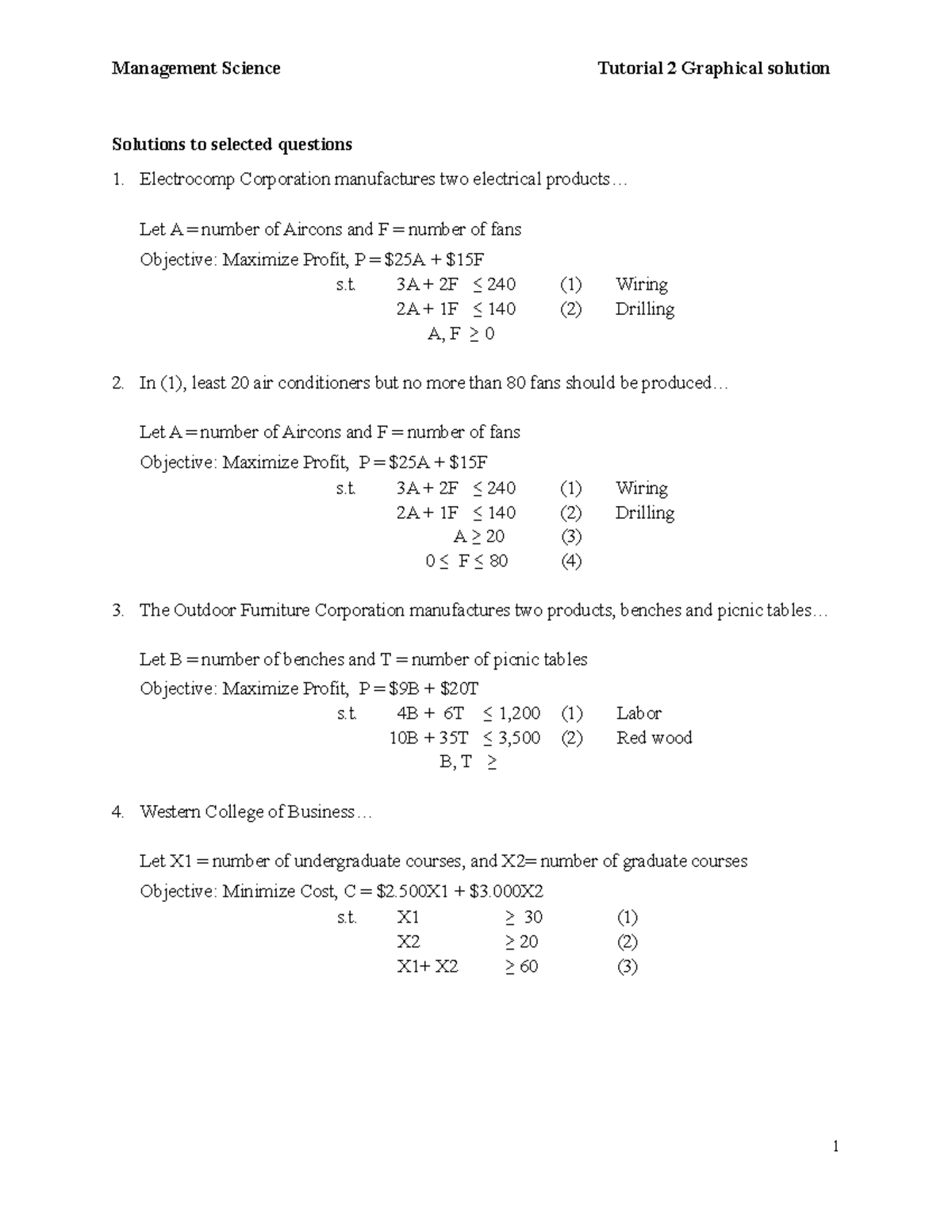 Tutorial 2 Graphical solution - Management Science Tutorial 2 Graphical ...