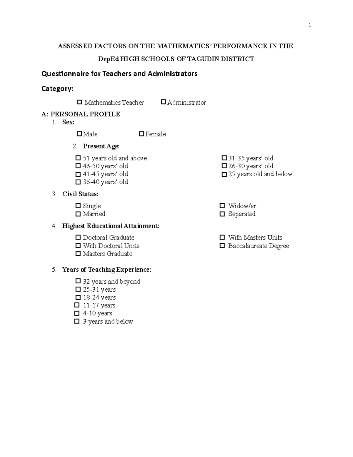 Research questionnaire in Math 170 edited - ASSESSED FACTORS ON THE ...