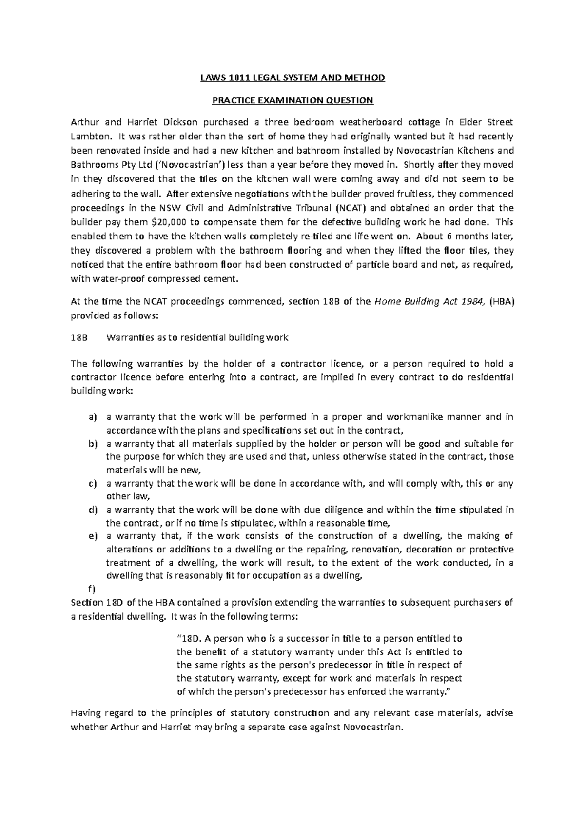 Sample/practice exam 2019, questions - LAWS 1011 LEGAL SYSTEM AND ...