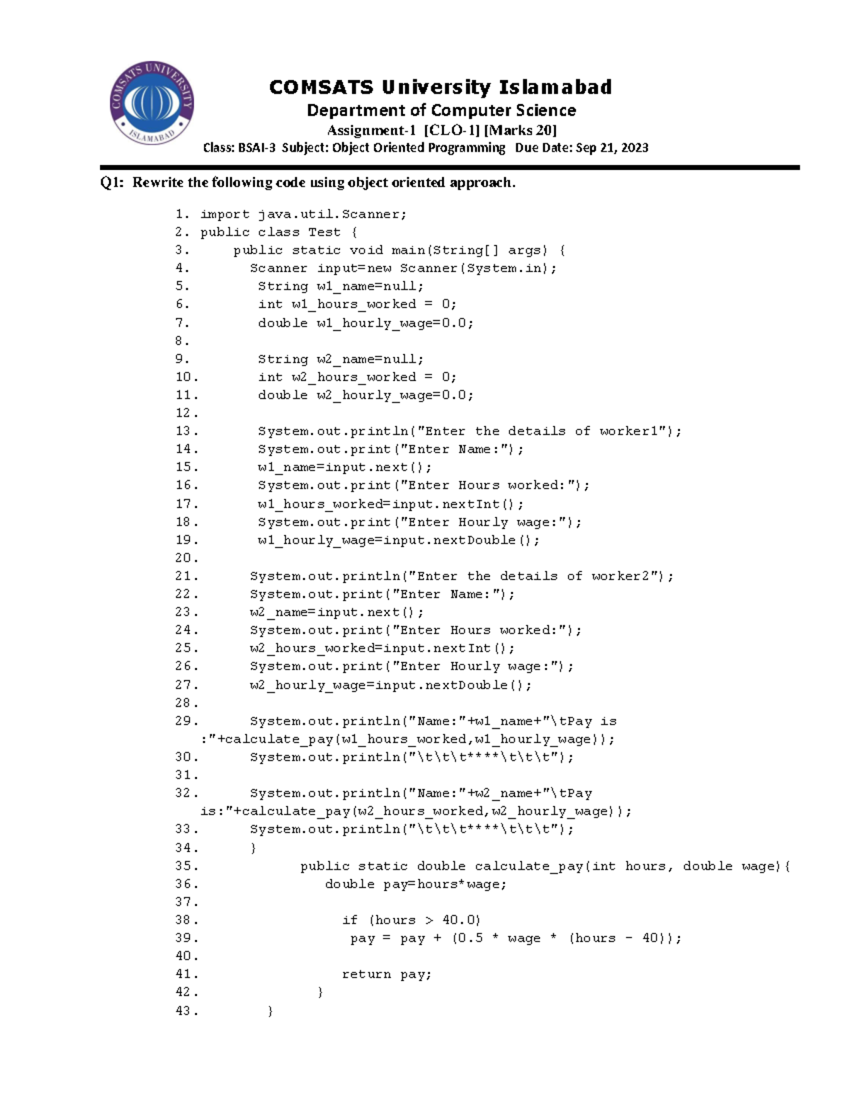 Assignment 1 - Questions - COMSATS University Islamabad Department of Computer Science ...