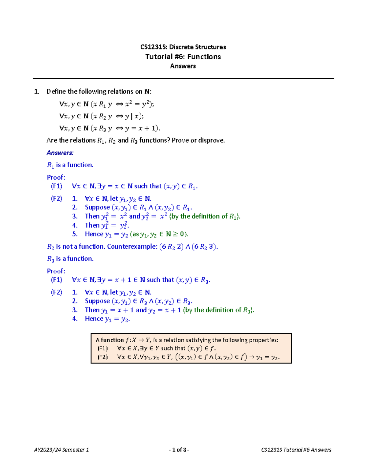 CS1231S Tutorial 6 Answer - CS1231S: Discrete Structures Tutorial # 6 : Functions Answers Define ...