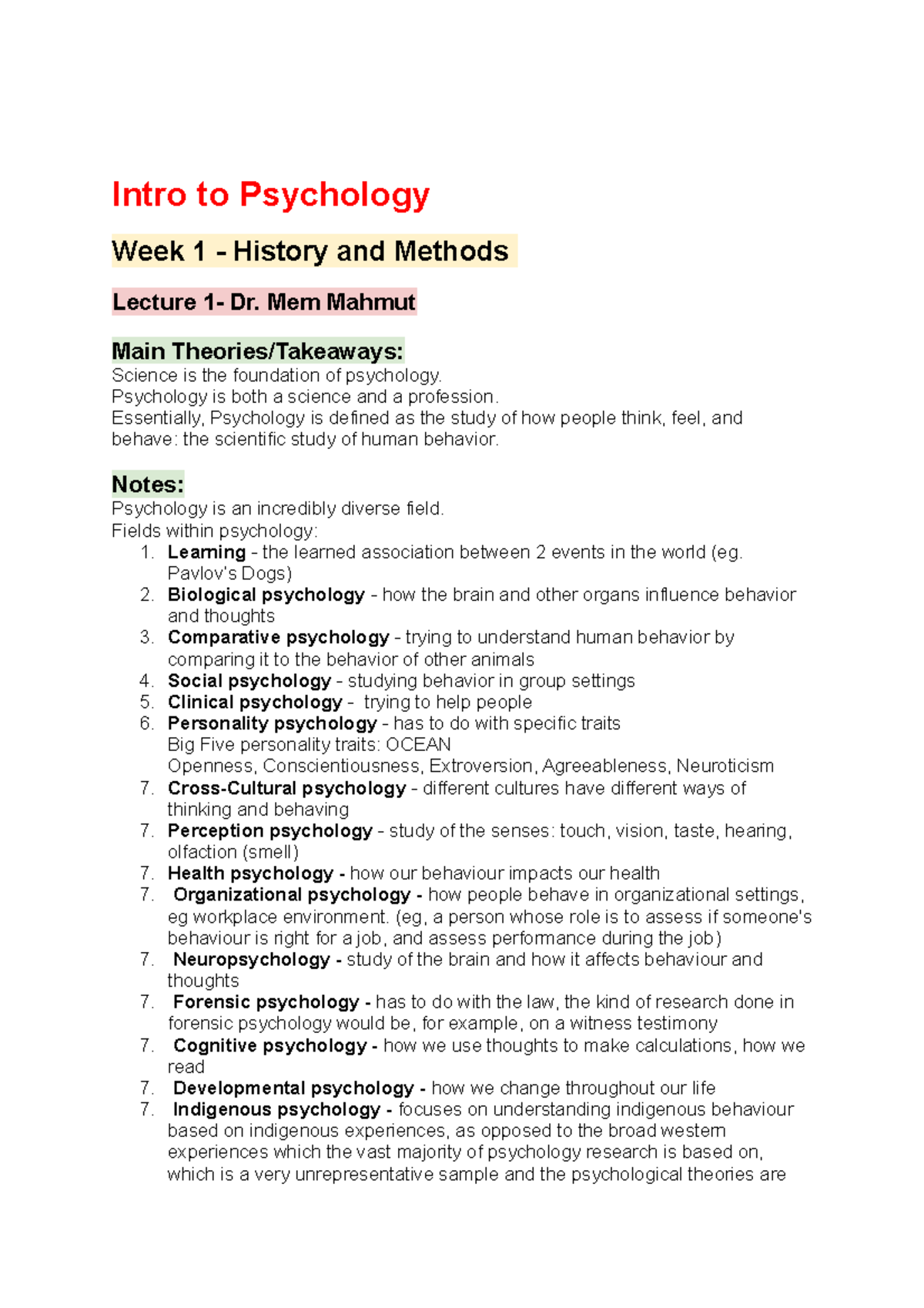 PSYU1101 notes - Intro to Psychology Week 1 - History and Methods ...