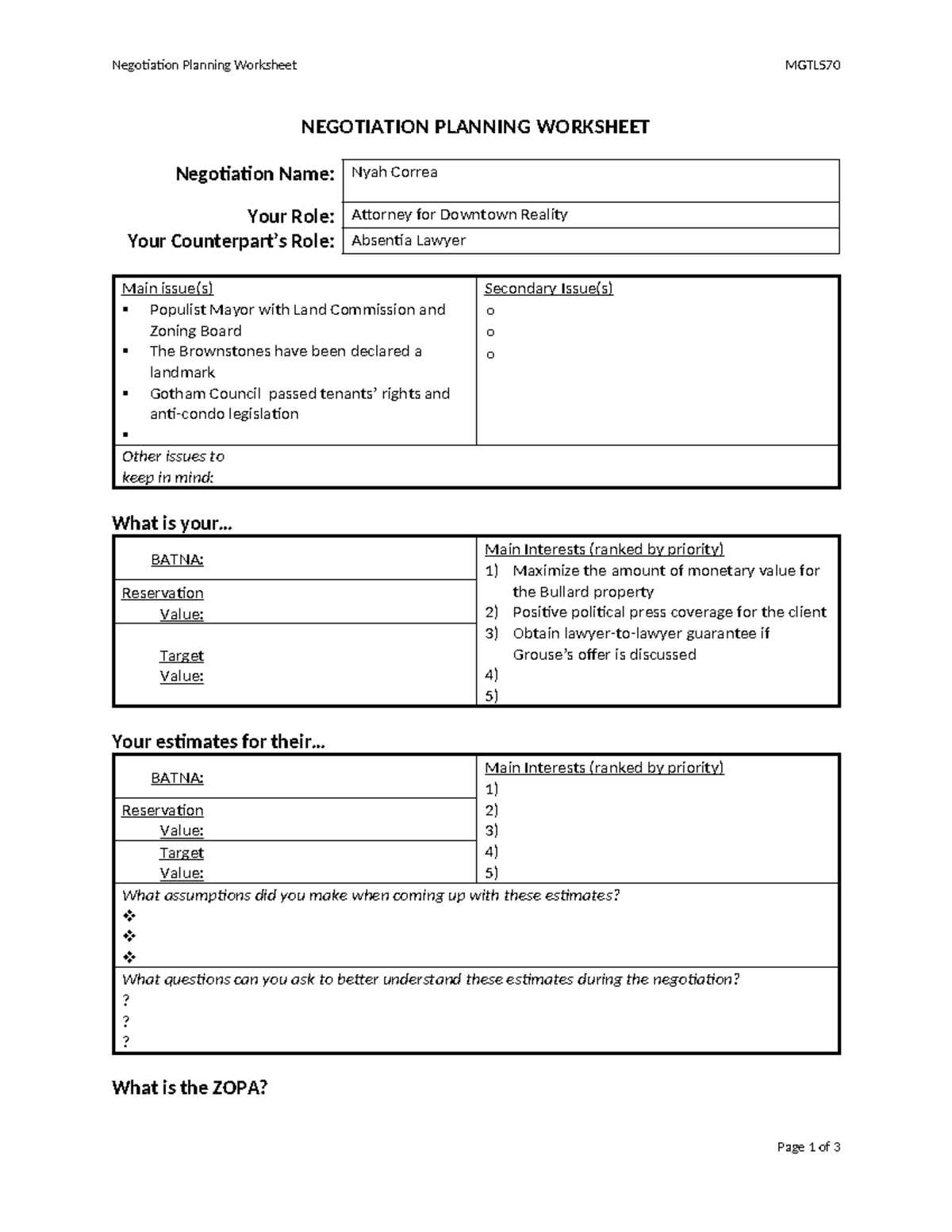 Negotiation Planning Worksheet 03 - .. BATNA: Main Interests (ranked by ...