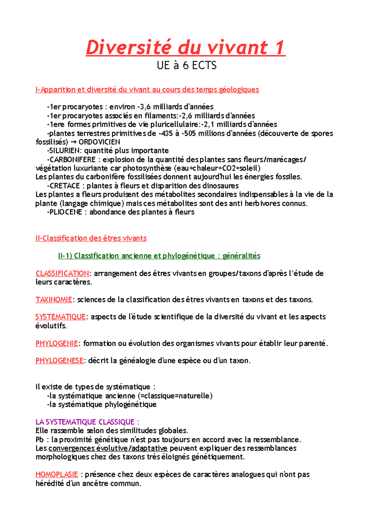 Cours diversité des êtres vivants - Diversité du vivant 1 UE à 6 ECTS I ...