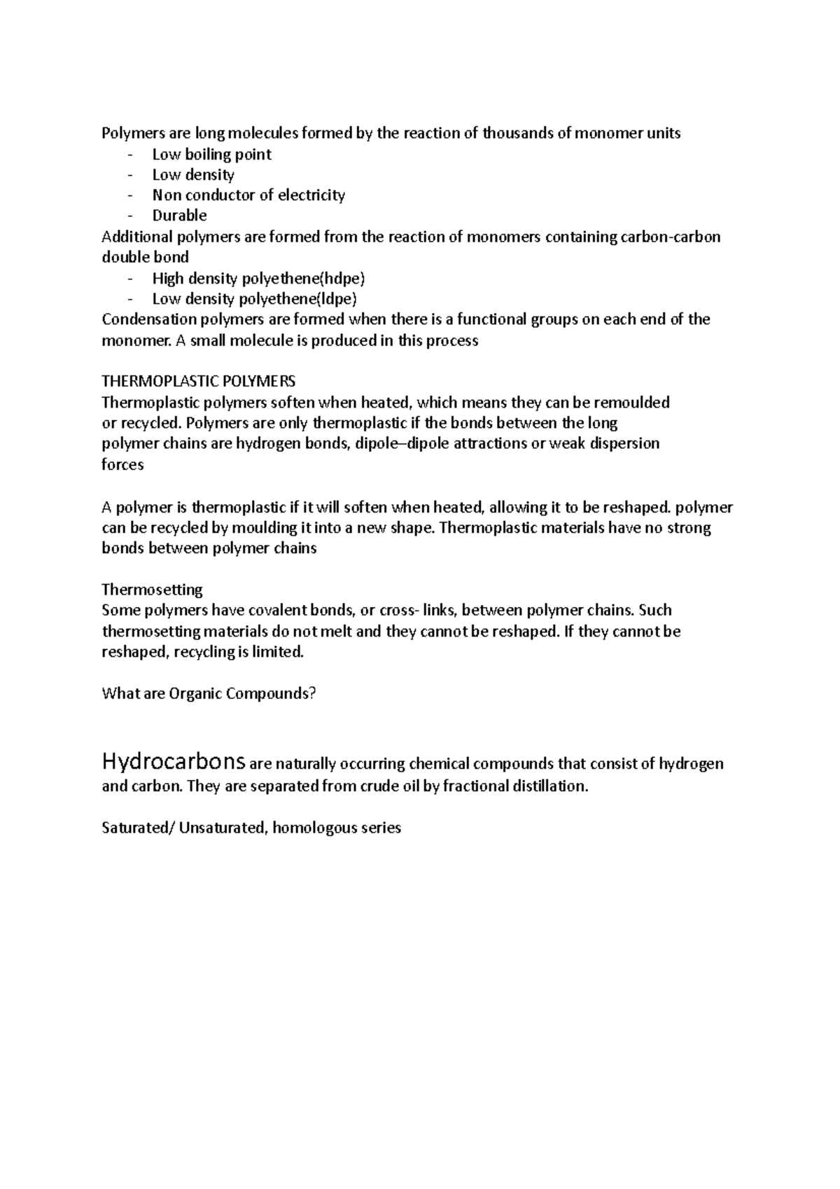 Chem sac 4 - Helps with chem - Polymers are long molecules formed by ...