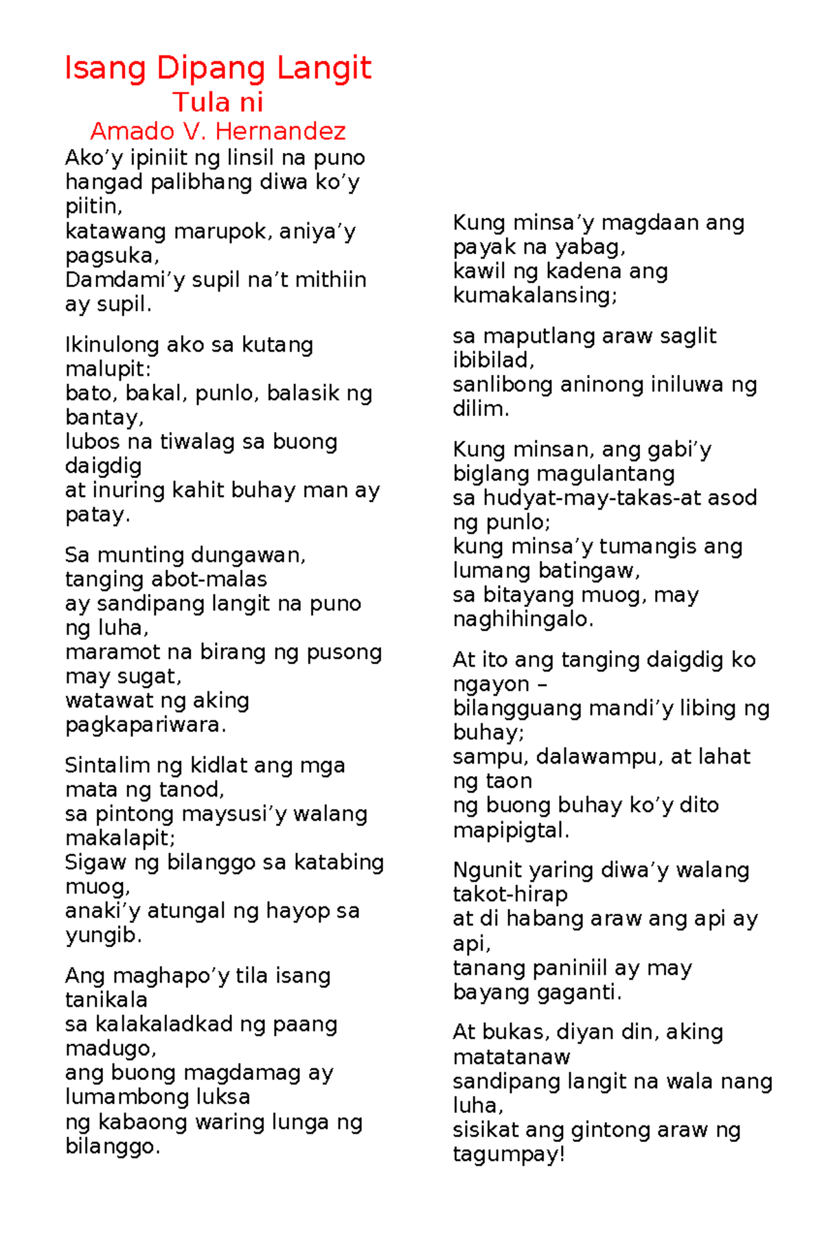 429223600 Isang Dipang Langit - Isang Dipang Langit Tula ni Amado V ...