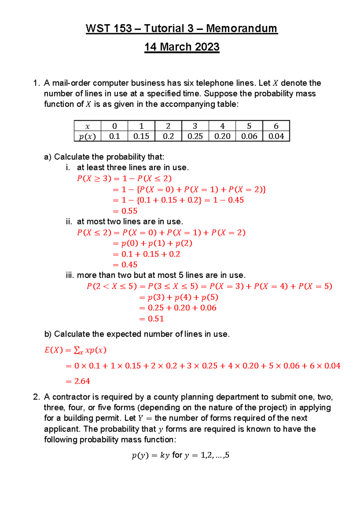 WST 153 - Tutorial 3 - 2024 - Memorandum - WST 153 – Tutorial 3 – Memorandum 14 March 2023 A ...