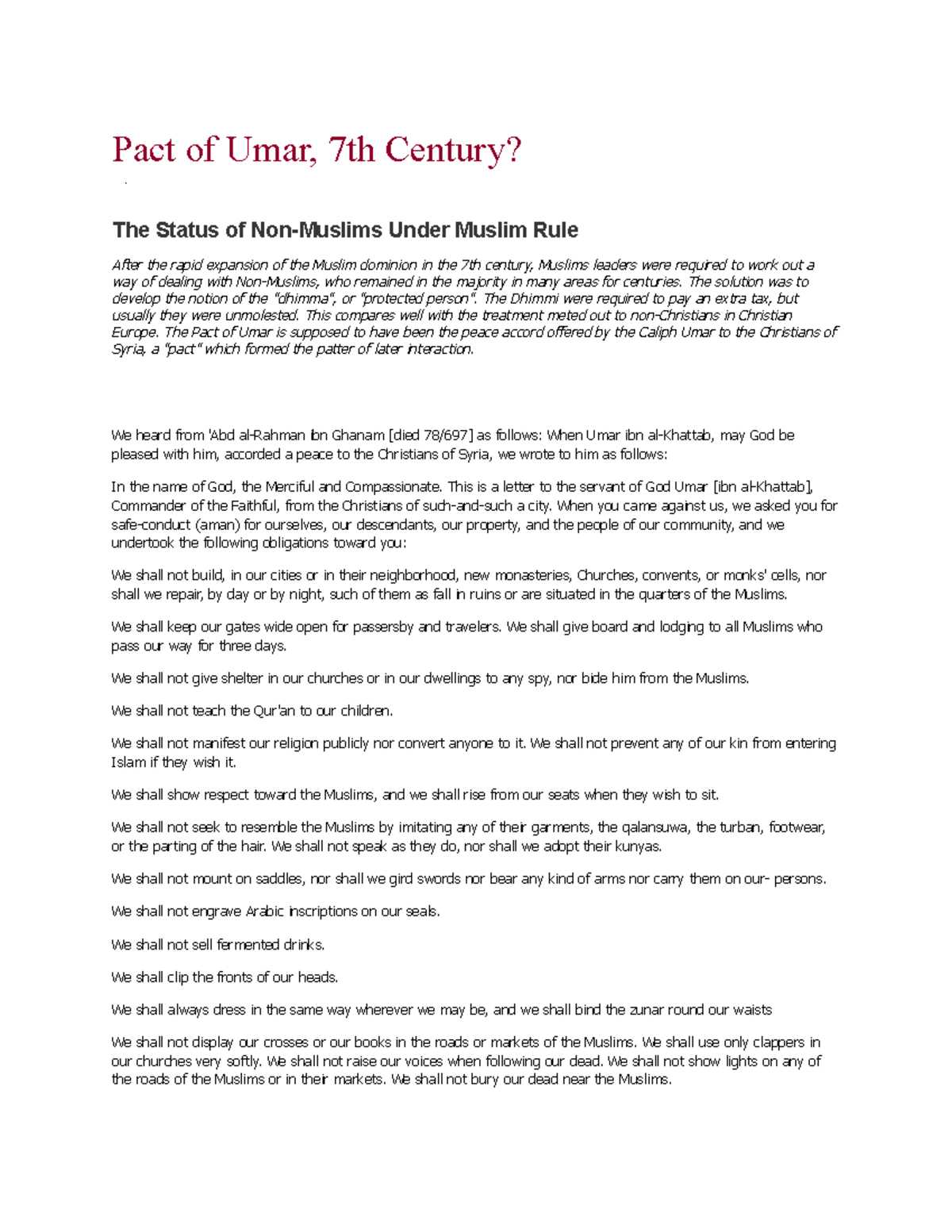 Pact of Umar - Pact of Umar - Pact of Umar, 7th Century? The Status of ...