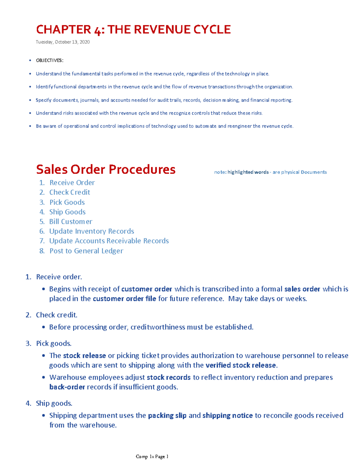 Chapter 4 THE Revenue Cycle - OBJECTIVES: Understand the fundamental ...