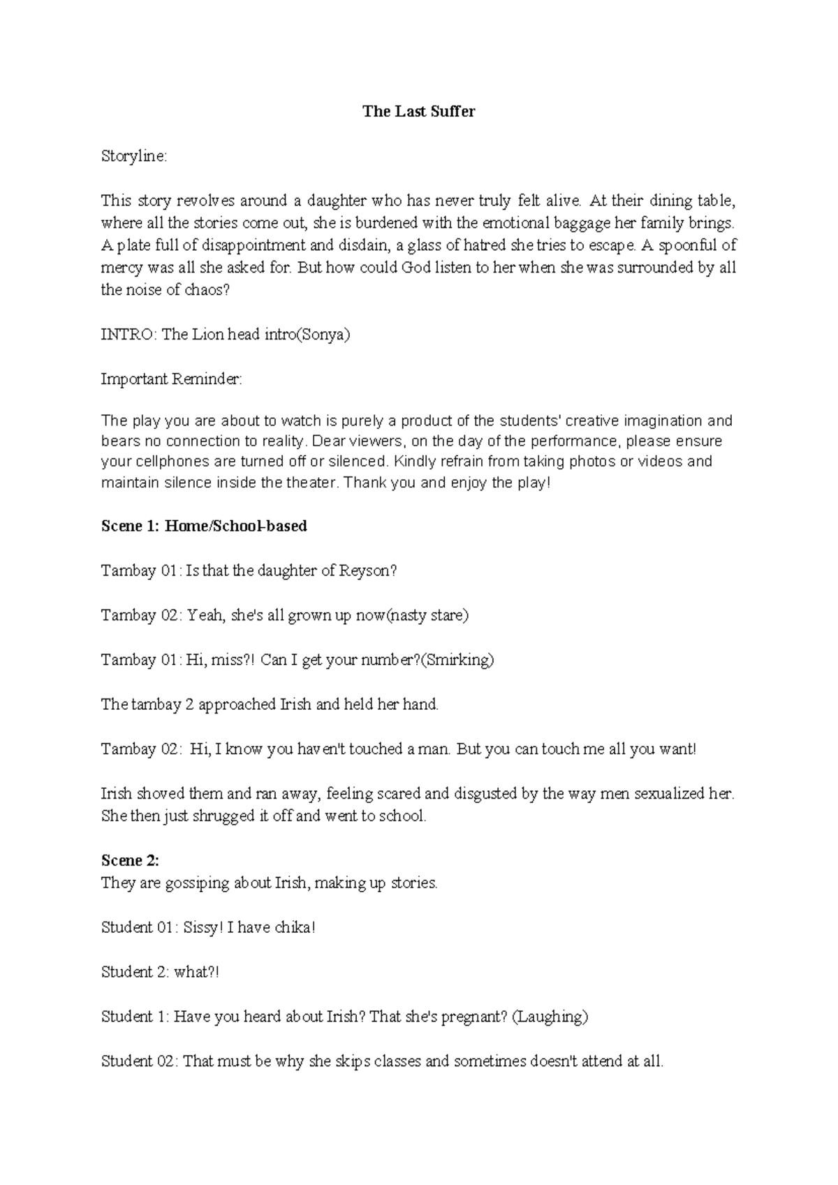 Theater PLAY Final Script - The Last Suffer Storyline: This story ...