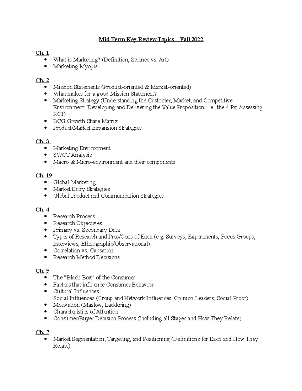 Fall 2022 - MKTG3101 MIdterm Review Topics - Mid-Term Key Review Topics – Fall 2022 Ch. 1 What ...