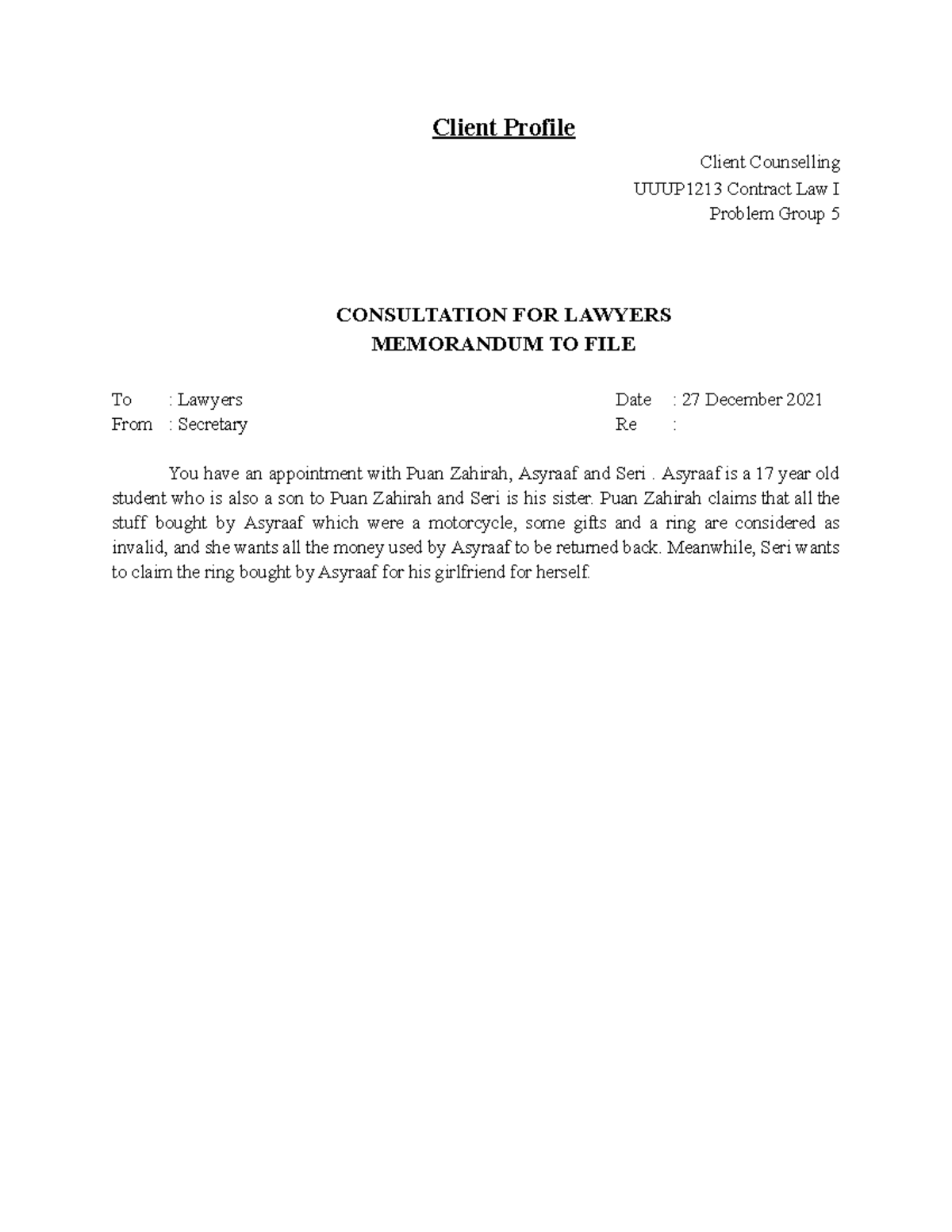 Client Profile Kumpulan 5 - Client Profile Client Counselling UUUP1213 ...