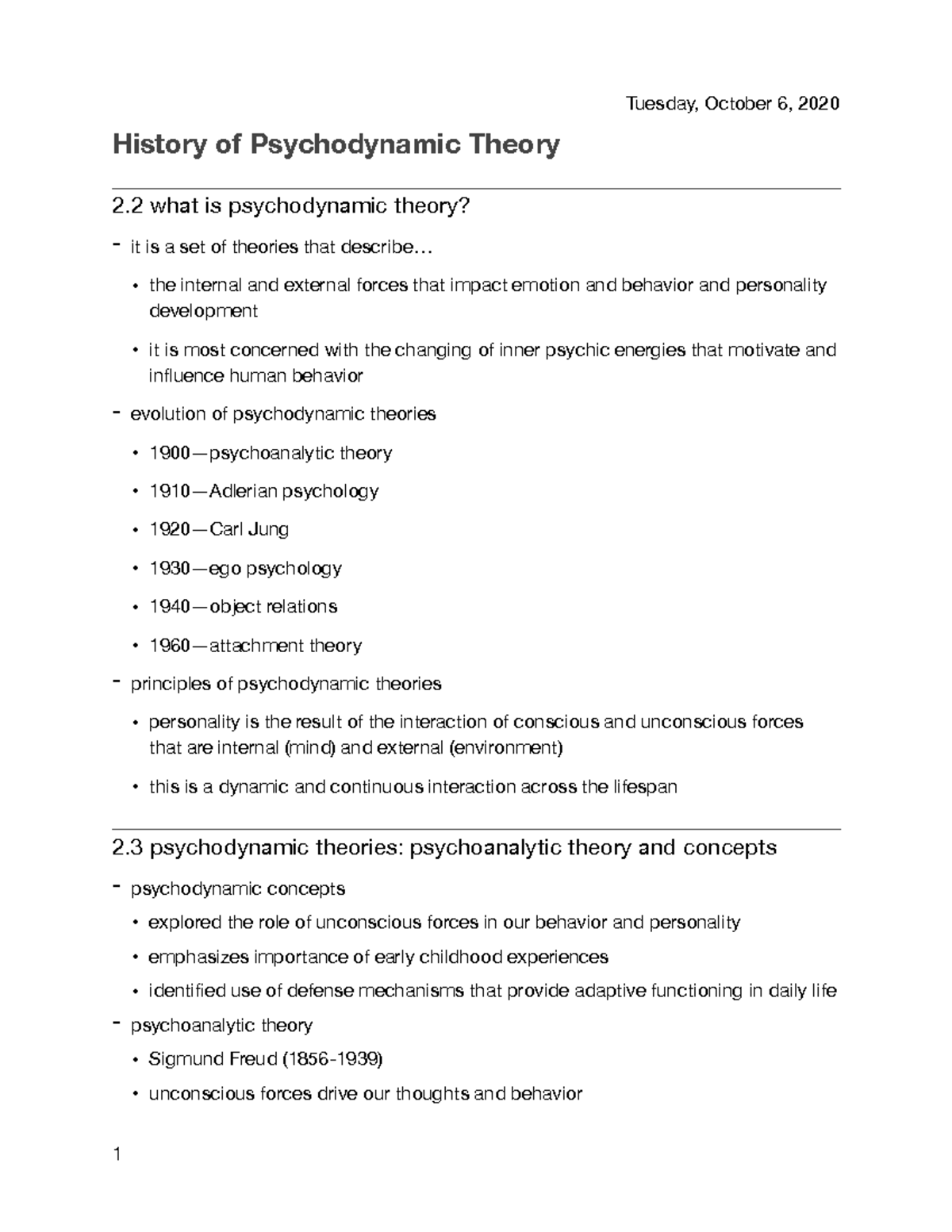 612 week 2 - lecture notes - History of Psychodynamic Theory 2 what is ...