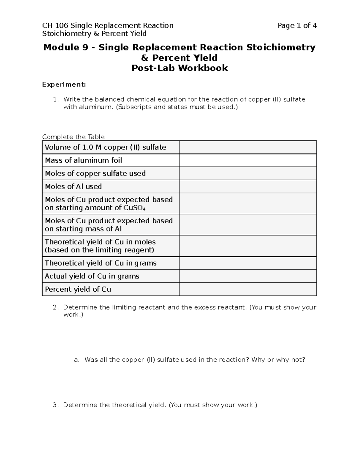 Module 9 Post-lab Workbook F23 - Stoichiometry & Percent Yield Module 9 ...