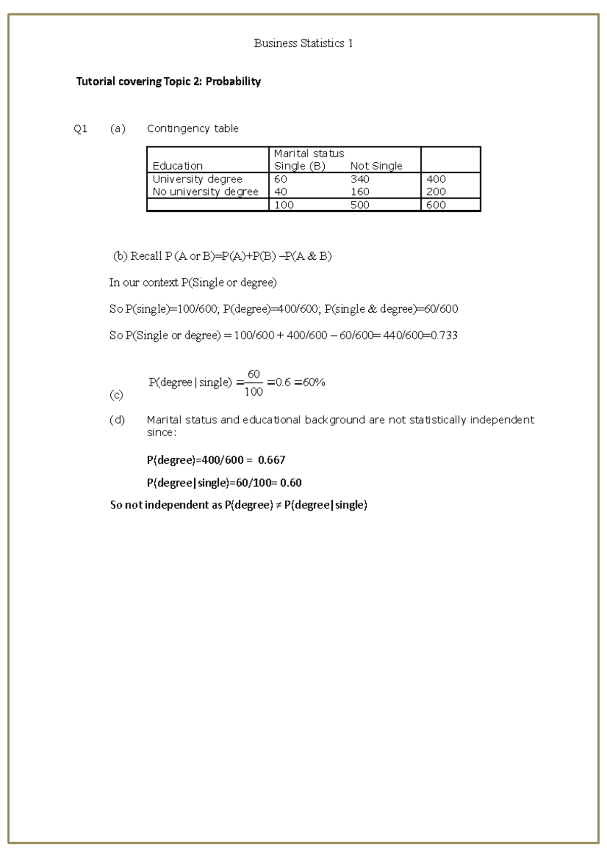 Tutorial covering Topic 2 - Solutions - Tutorial covering Topic 2: Probability Q1 (a ...