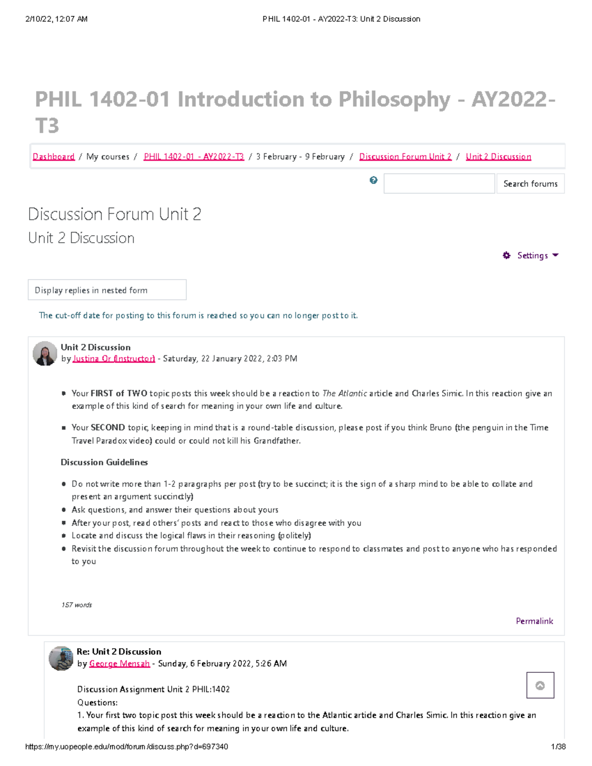 1 PHIL 1402-01 - AY2022-T3 Unit 2 Discussion - uopeople/mod/forum/discuss.php?d=697340 1/ PHIL ...
