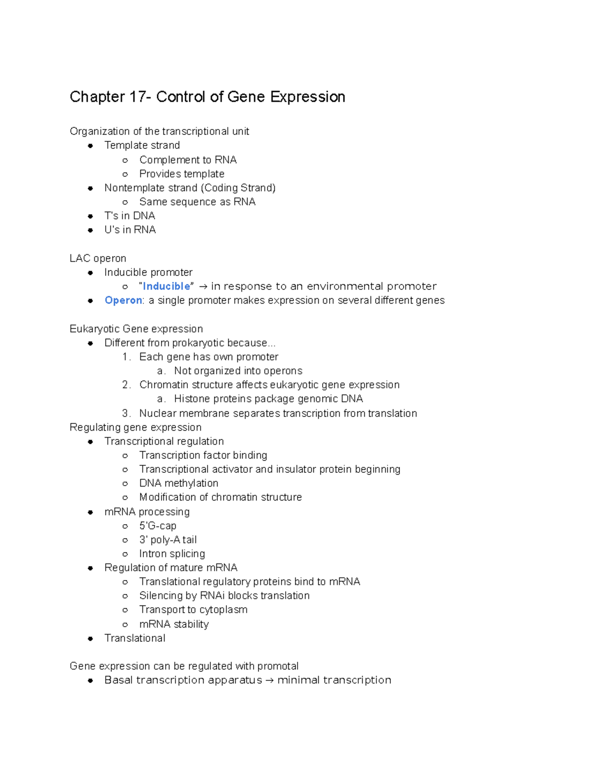 Chapter 17 (Control of Gene Expression) - Chapter 17- Control of Gene ...