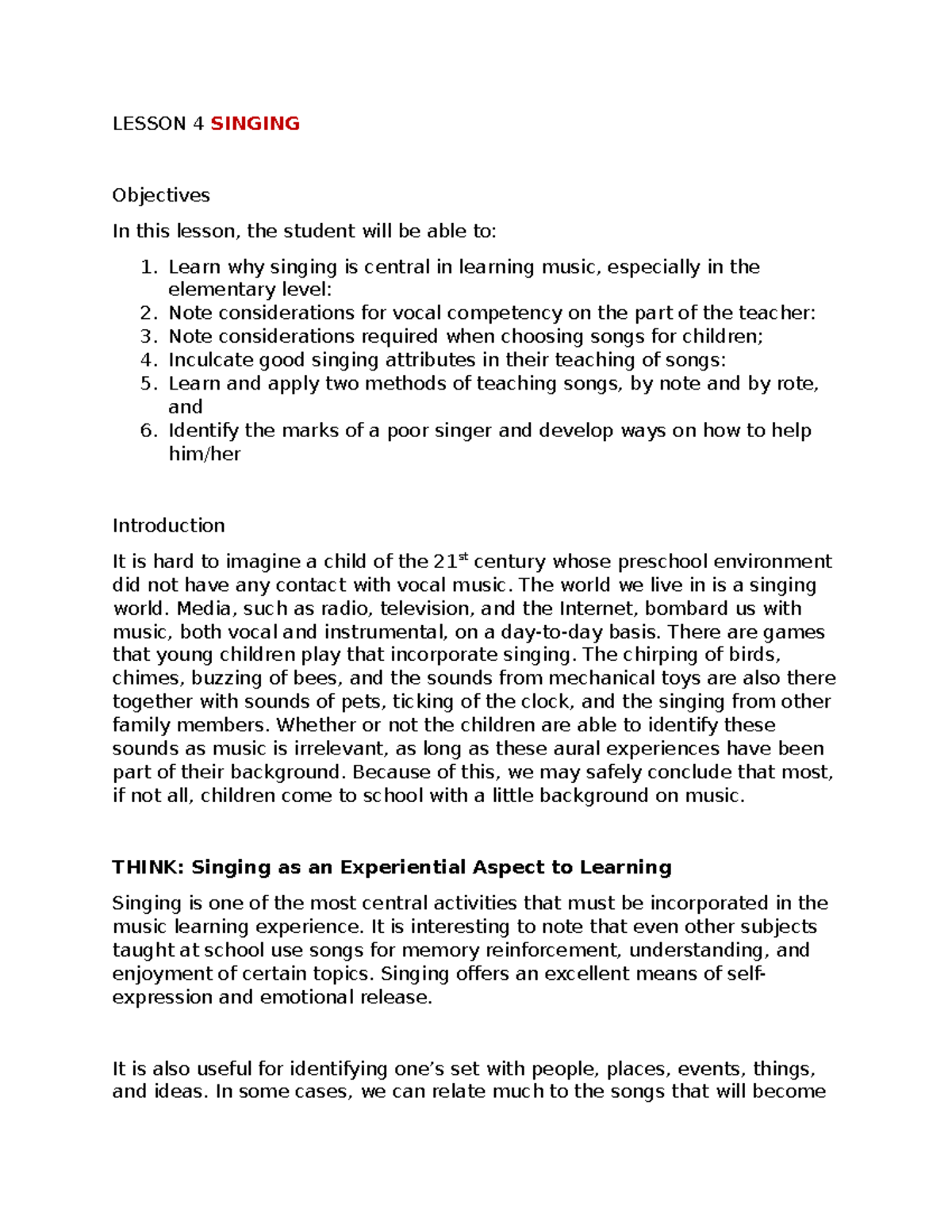 Lesson 4 Singing - It is hard to imagine a child of the 21st century ...