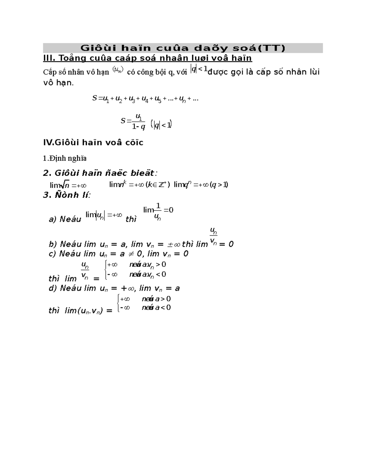 LÝ THUYẾT GIỚI HẠN DÃY SỐ - Giôùi haïn cuûa daõy soá(TT) III. Toång ...