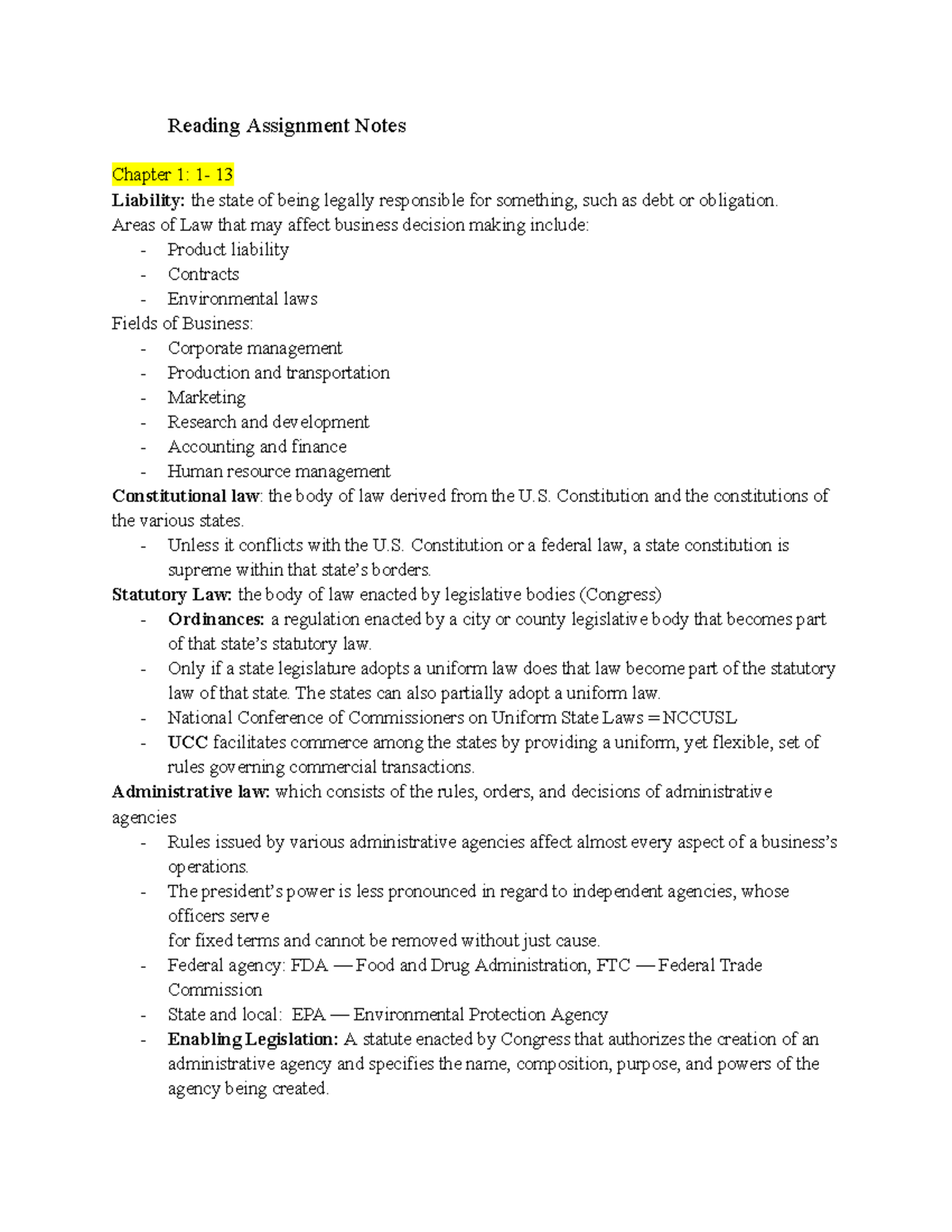 Honors Business Law - Detailed notes of most of the chapters - Reading ...