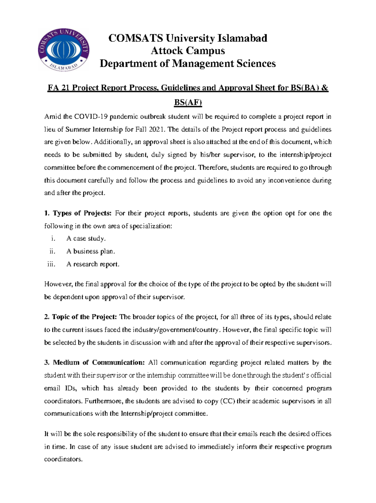 2. FA21 Project Report Process and Guidelines - COMSATS University Islamabad Attock Campus - Studocu