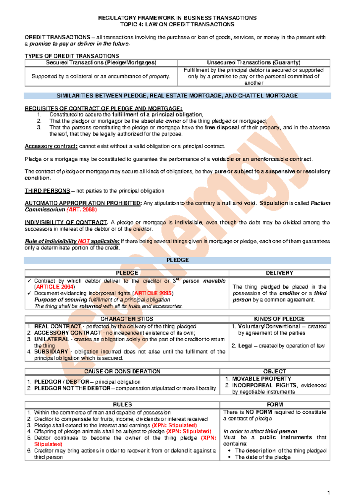 RFBT 04 - Law on Credit Transactions - REGULATORY FRAMEWORK IN BUSINESS TRANSACTIONS TOPIC 4 ...