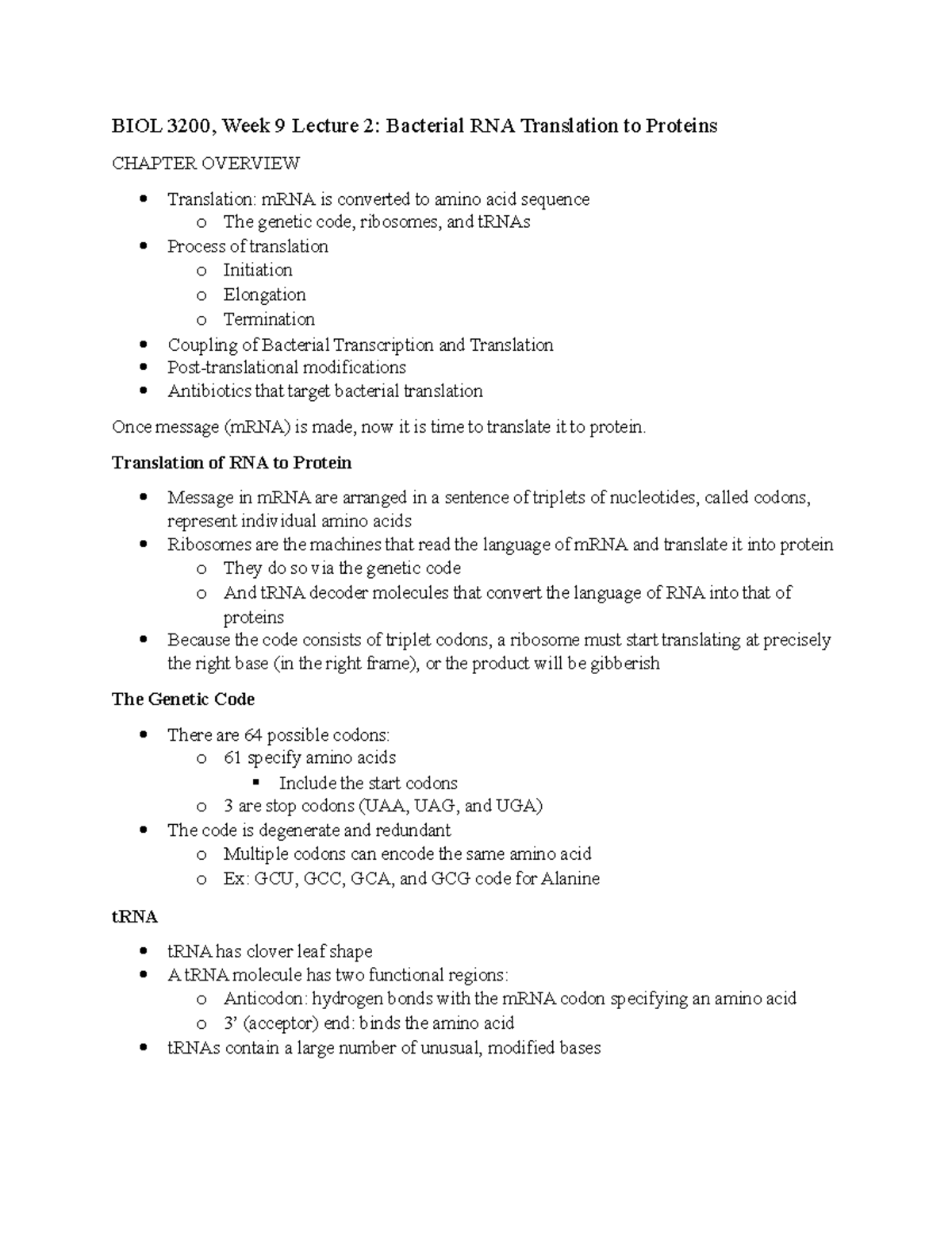 Week 9-2 Bacterial RNA Translation to Proteins - BIOL 3200, Week 9 Lecture 2: Bacterial RNA ...