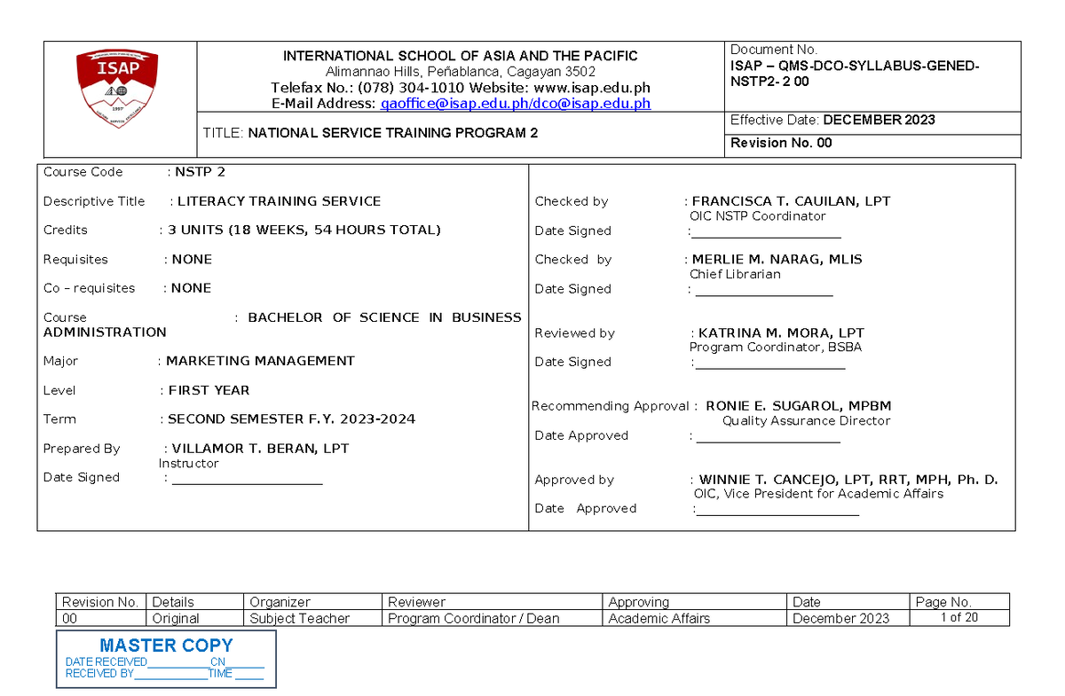 NSTP 2- Syllabus-BSBA-MM - MASTER COPY DATE RECEIVED___________CN ...