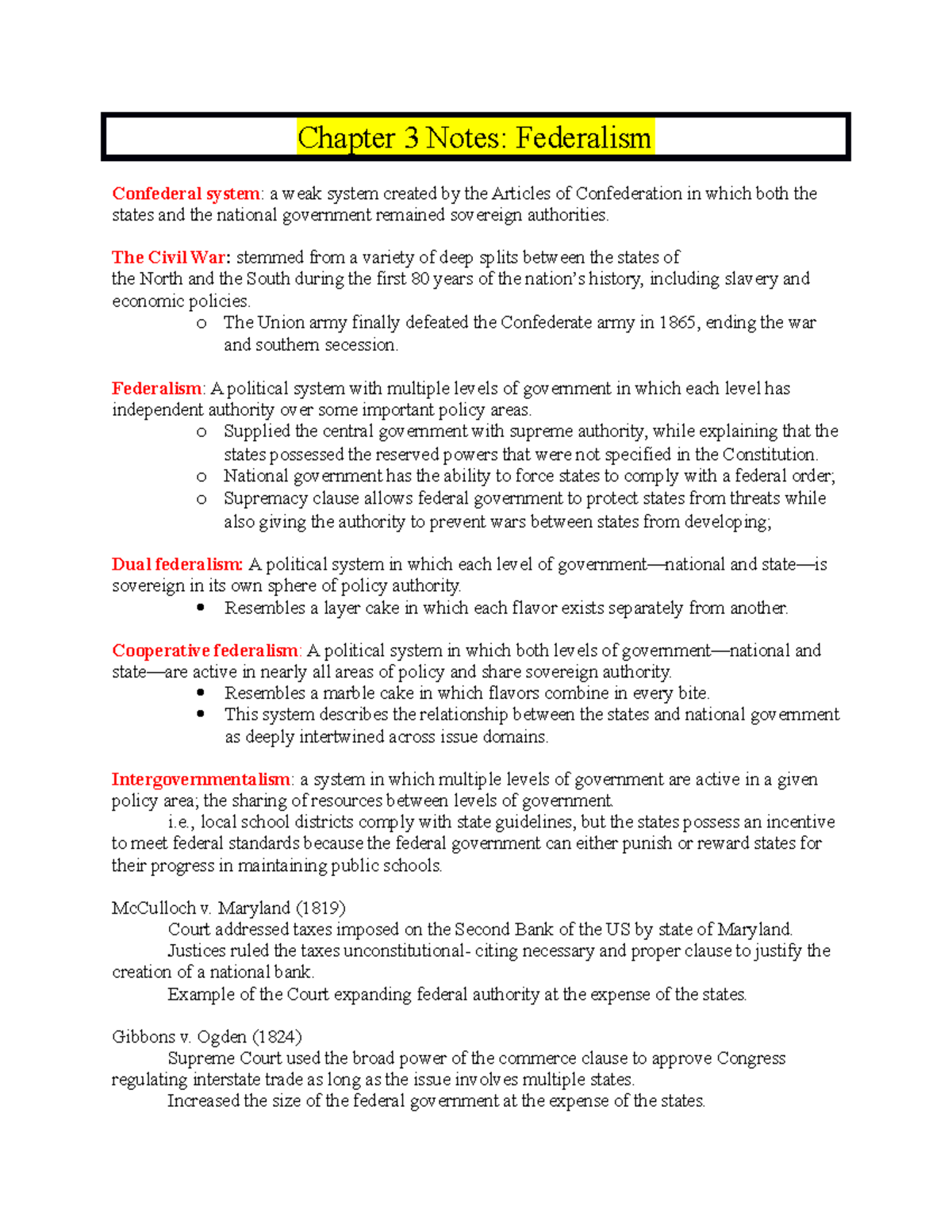 Lesson 3 Notes Federalism - Chapter 3 Notes: Federalism Confederal ...