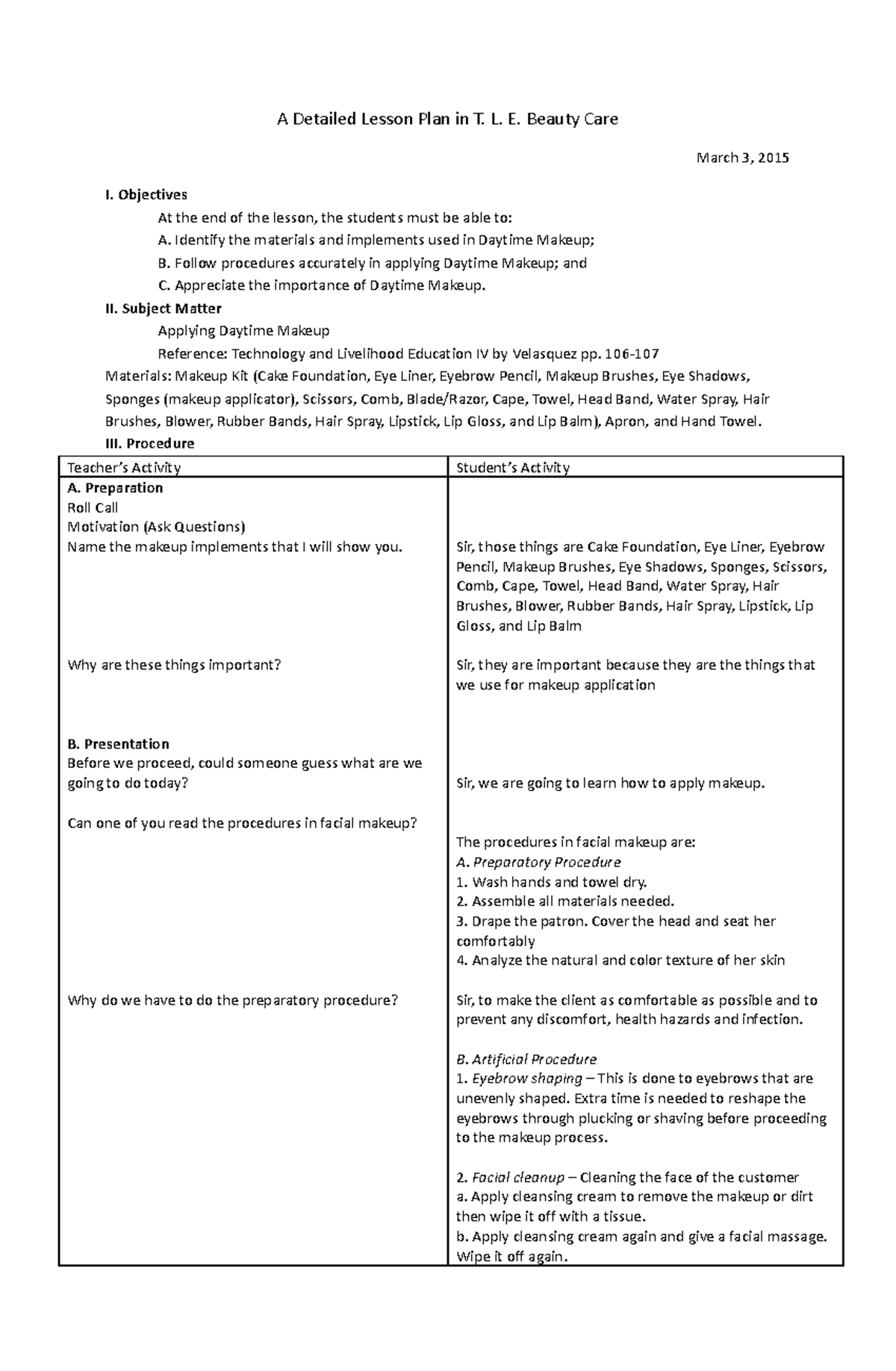 A Detailed Lesson Plan in TLE Makeup - A Detailed Lesson Plan in T. L ...