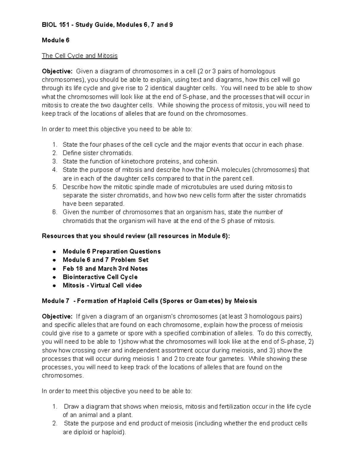 BIOL 151 - Study Guide, Modules 6, 7 and 9 - BIOL 151 - Study Guide, Modules 6, 7 and 9 Module 6 ...