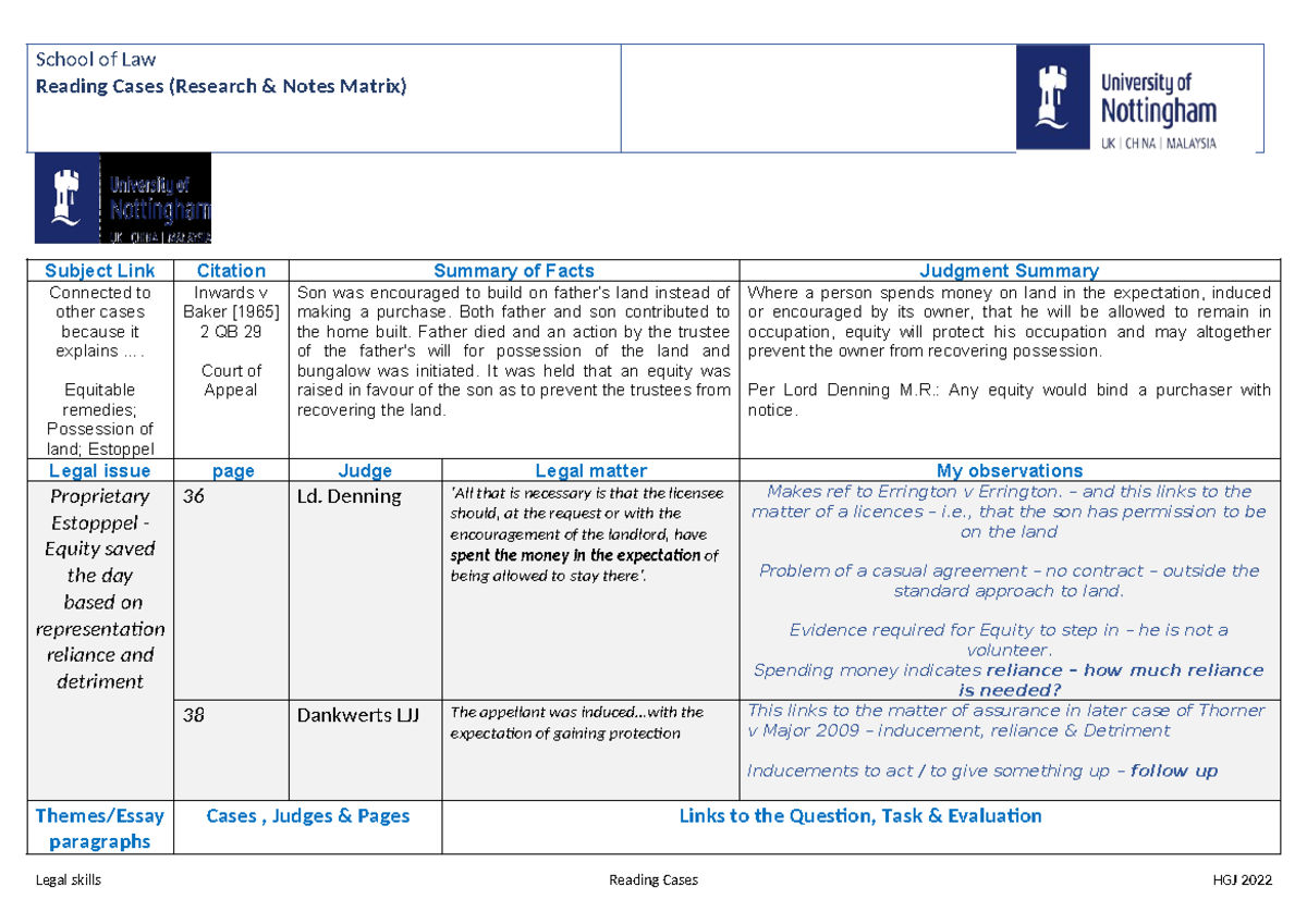 Reading Cases Notes Frame - School of Law Reading Cases (Research ...
