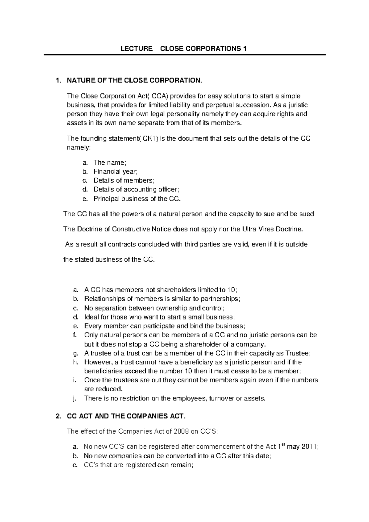 Business Enterprises Lecture 2 Close Corporations - LECTURE CLOSE ...