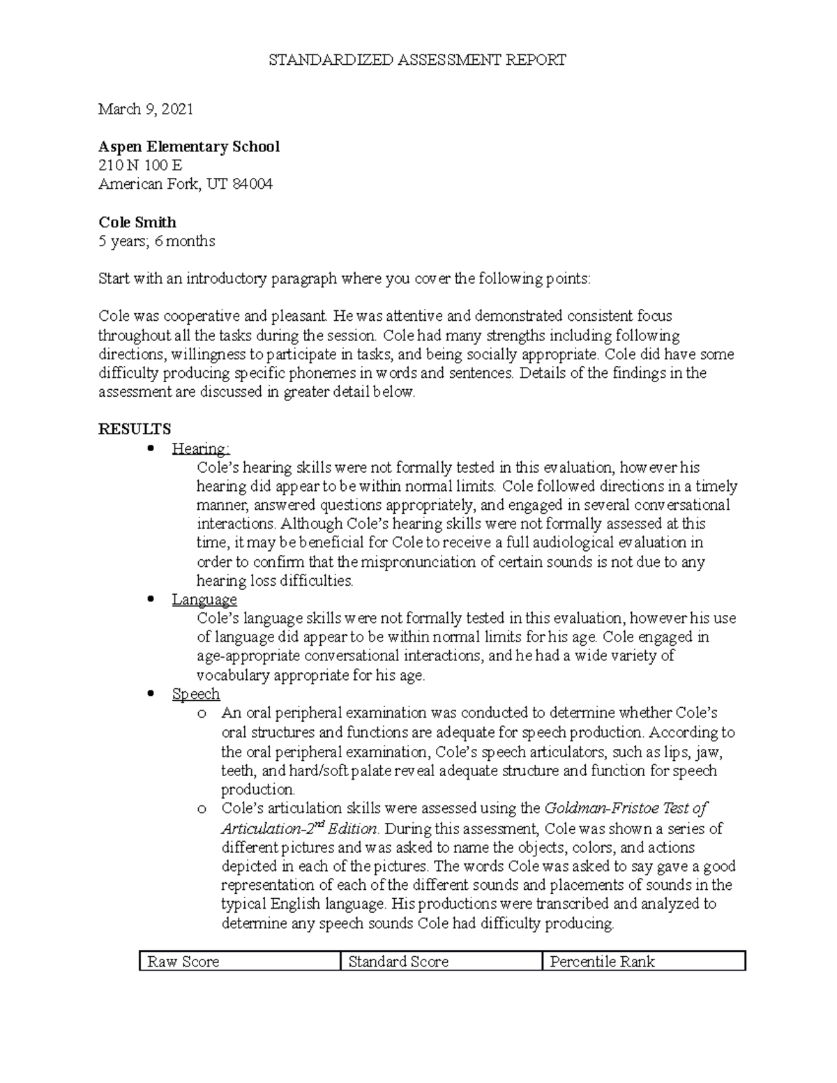 Sample Assessment Report Fall 2020 - STANDARDIZED ASSESSMENT REPORT ...