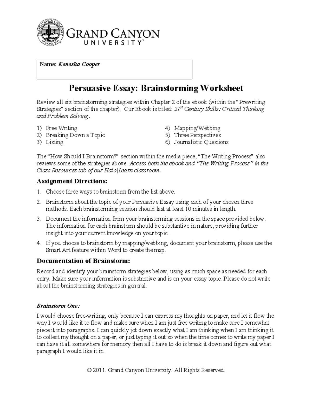 PHI105 T2 Brainstorming Worksheet 4 13 2023 - Name: Kenesha Cooper ...