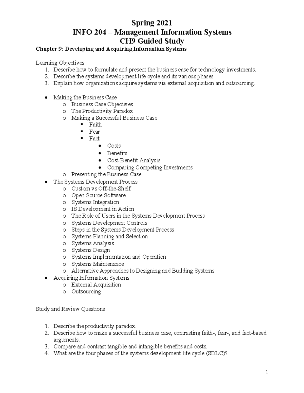 SP21 MIS CH9 Guided Study - Spring 2021 INFO 204 3 Management ...