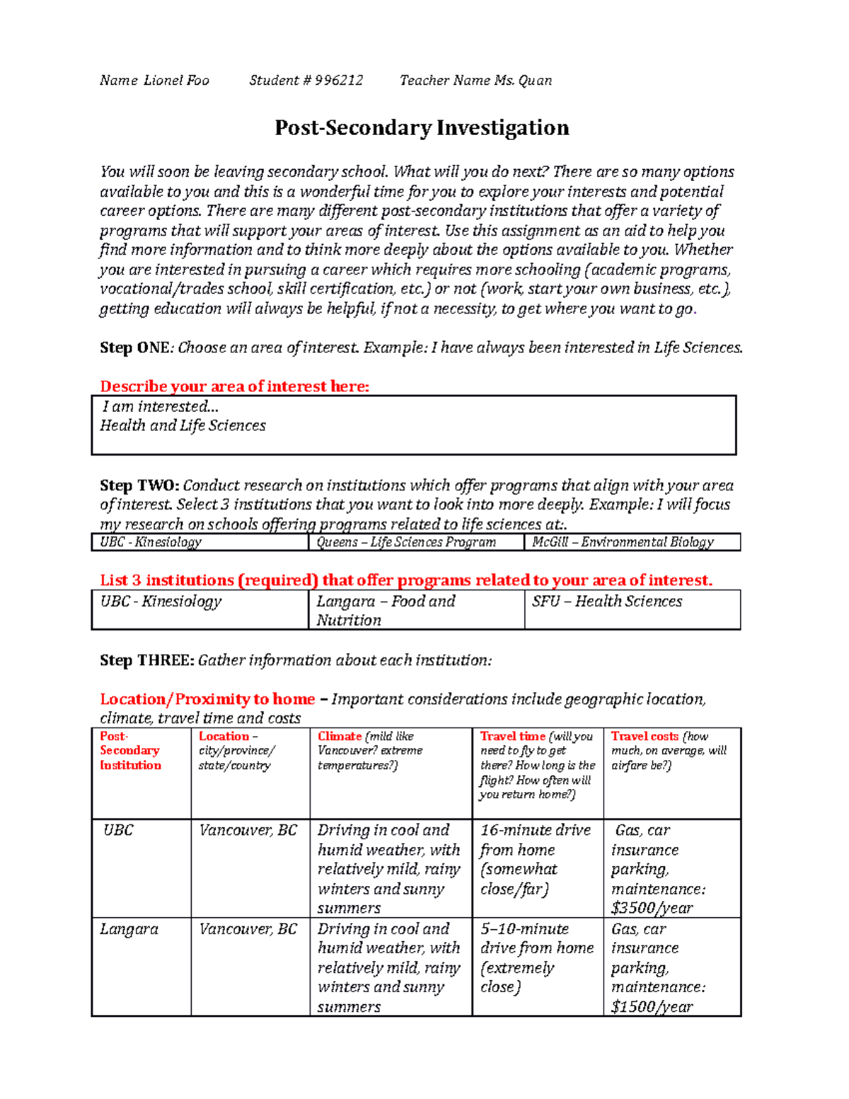 Post secondary investigation 22-23 - Name Lionel Foo Student # 996212 ...
