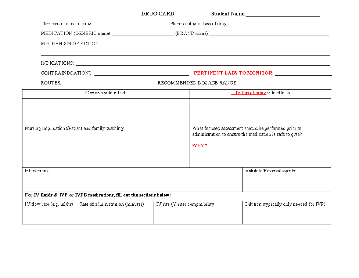 Drug card - drug cards to help with simulation - DRUG CARD Student Name