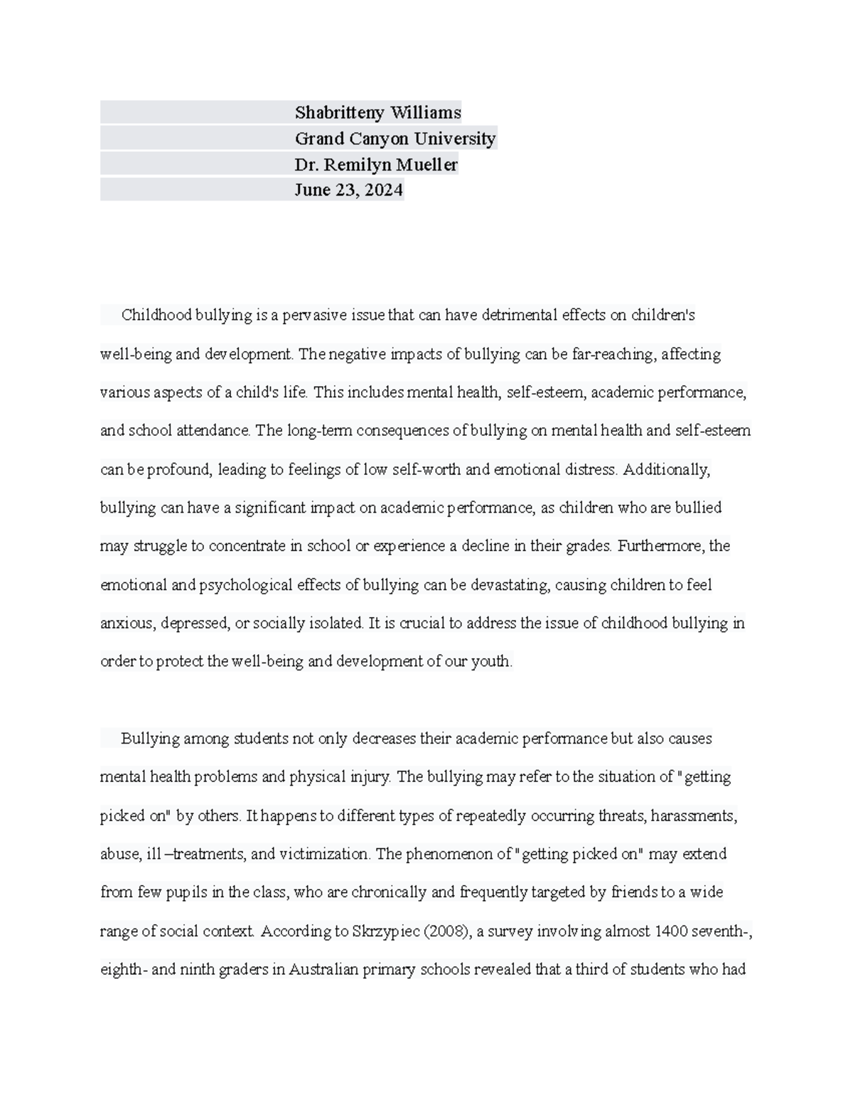 Bullying essay 6 23 - .... - Shabritteny Williams Grand Canyon ...