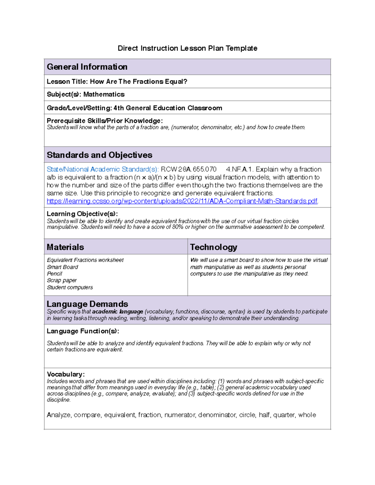 C109 Lesson Plan Math - Direct Instruction Lesson Plan Template General ...