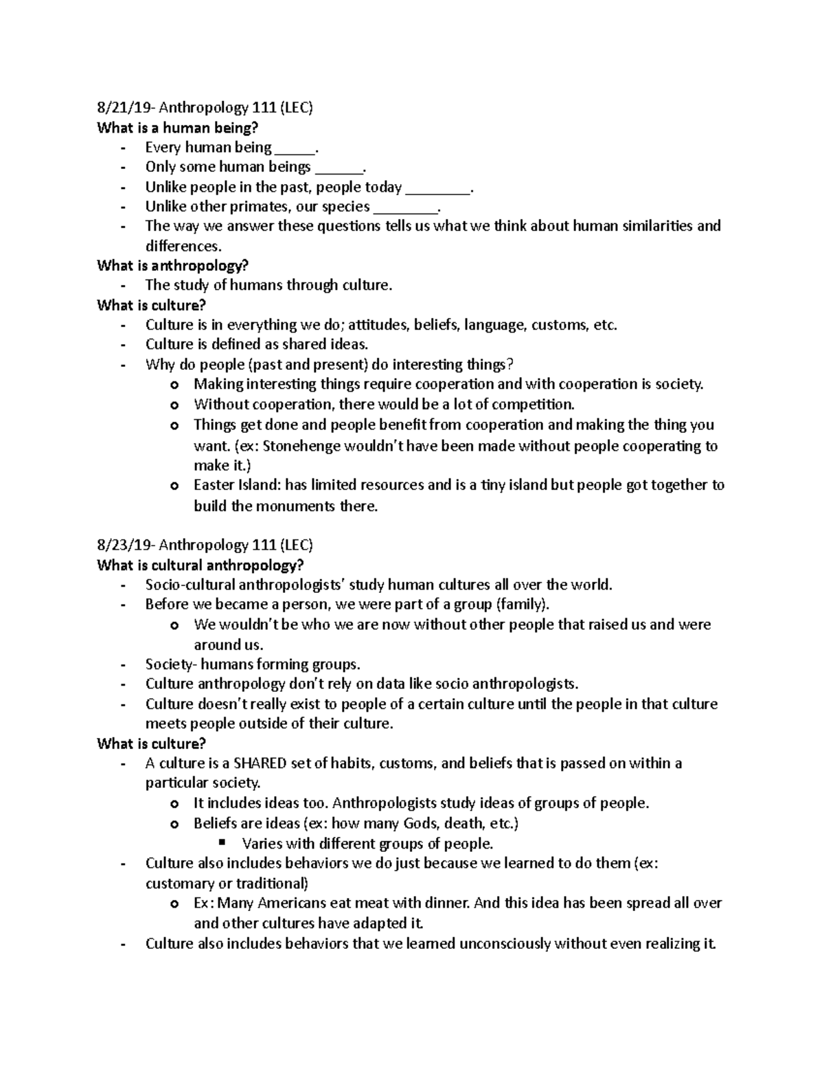 Anthropology 111 - lecture notes - 8/21/19- Anthropology 111 (LEC) What ...