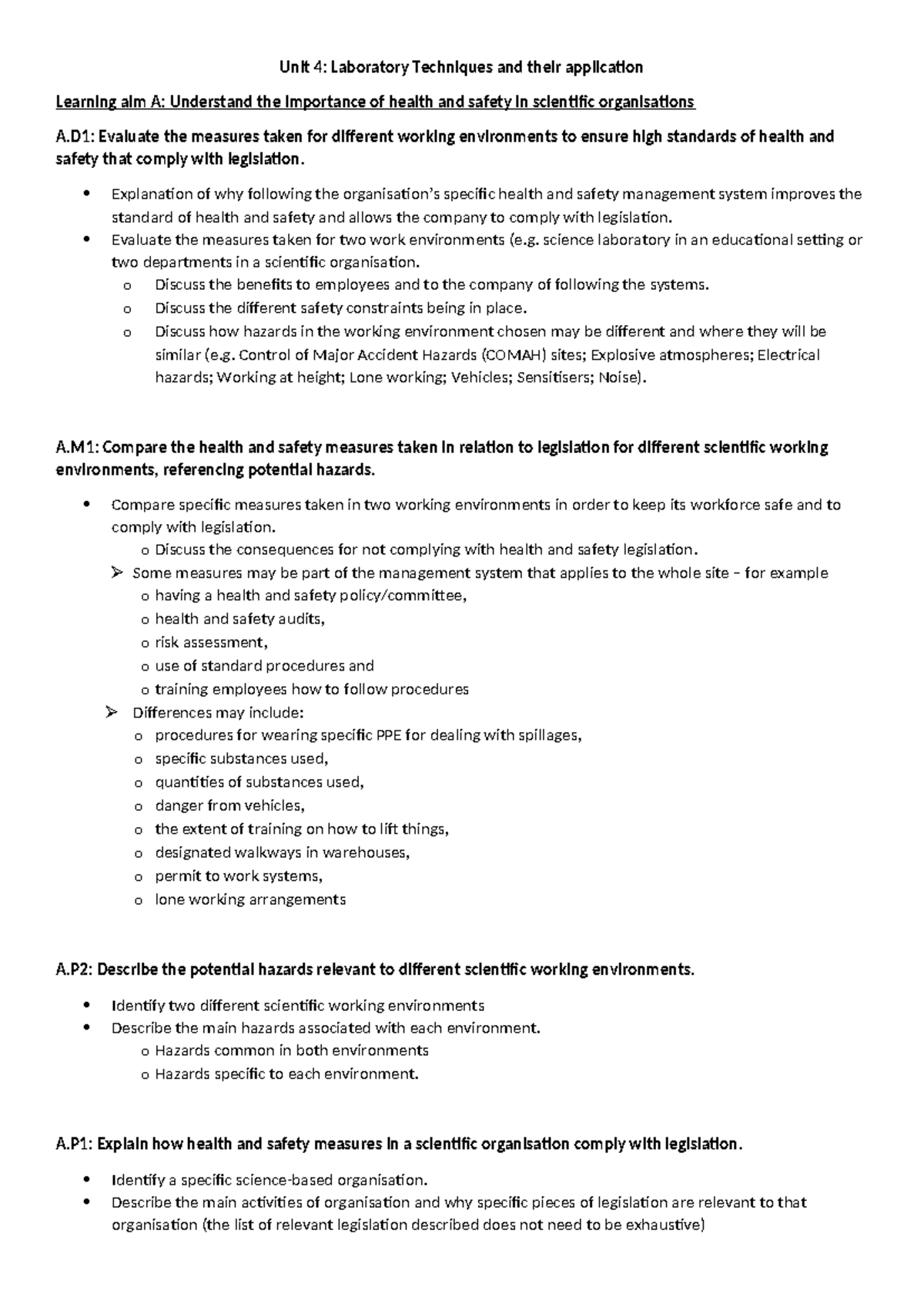 Unit 4 Checklists - Checklist for coursework. - Unit 4: Laboratory Techniques and their ...