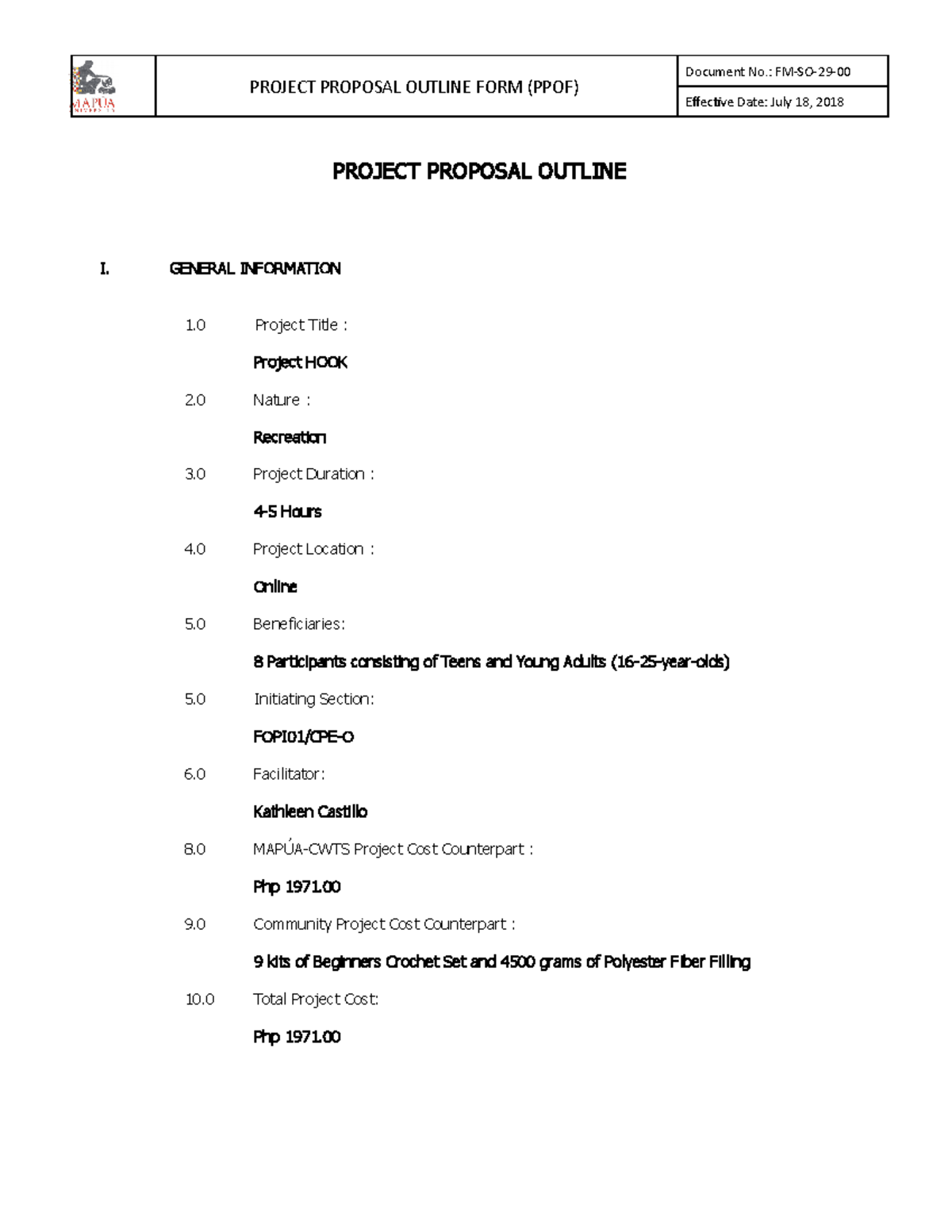 Project Proposal Outline Form for CWTS02&03 Project Proposal Outline ...
